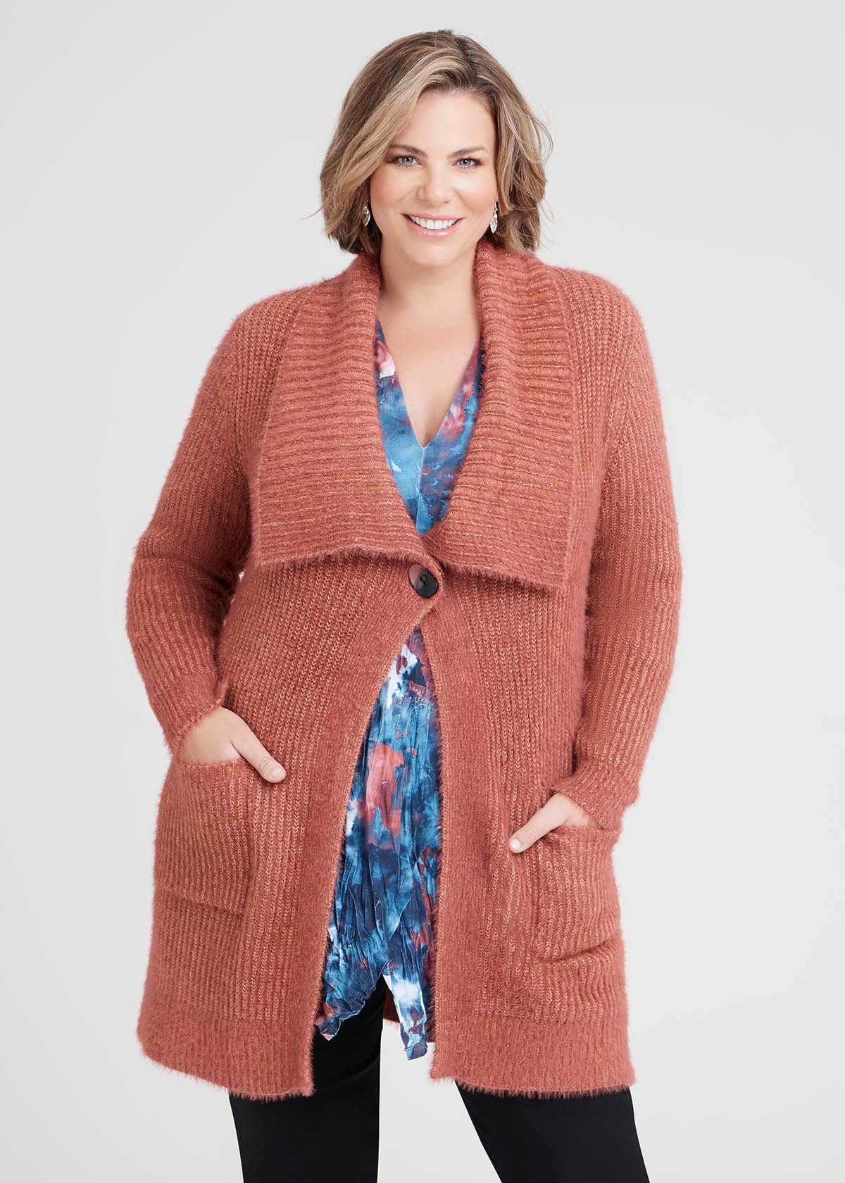 Shop Plus Size Shawl Collar Fluffy Cardigan, Orange | Taking Shape AU