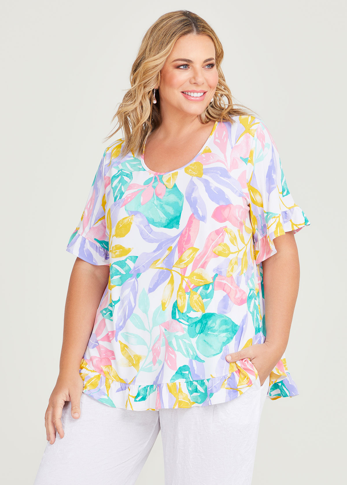 Shop Plus Size Leaf Ruffle Trim Top, Green | Taking Shape NZ