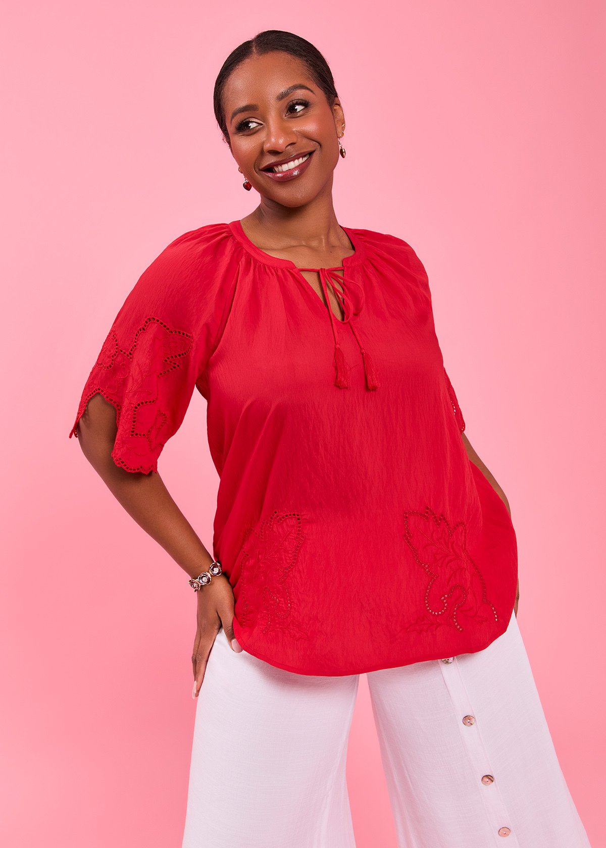 Shop Plus Size Natural Cutout Embroidery Top, Red | Taking Shape AU