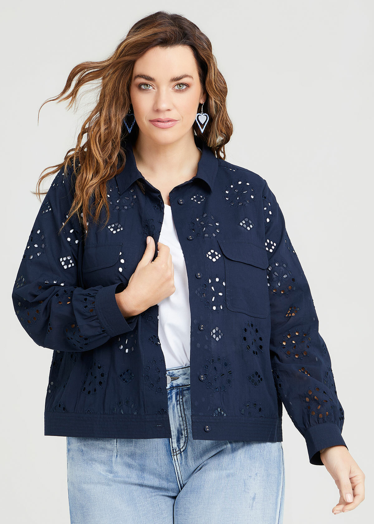 Shop Plus Size Cotton Broderie Collar Jacket, Blue | Taking Shape AU
