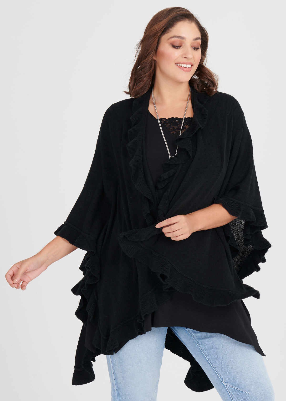 Shop Ruffle Trim Cape in Black | Accessories | Taking Shape AU