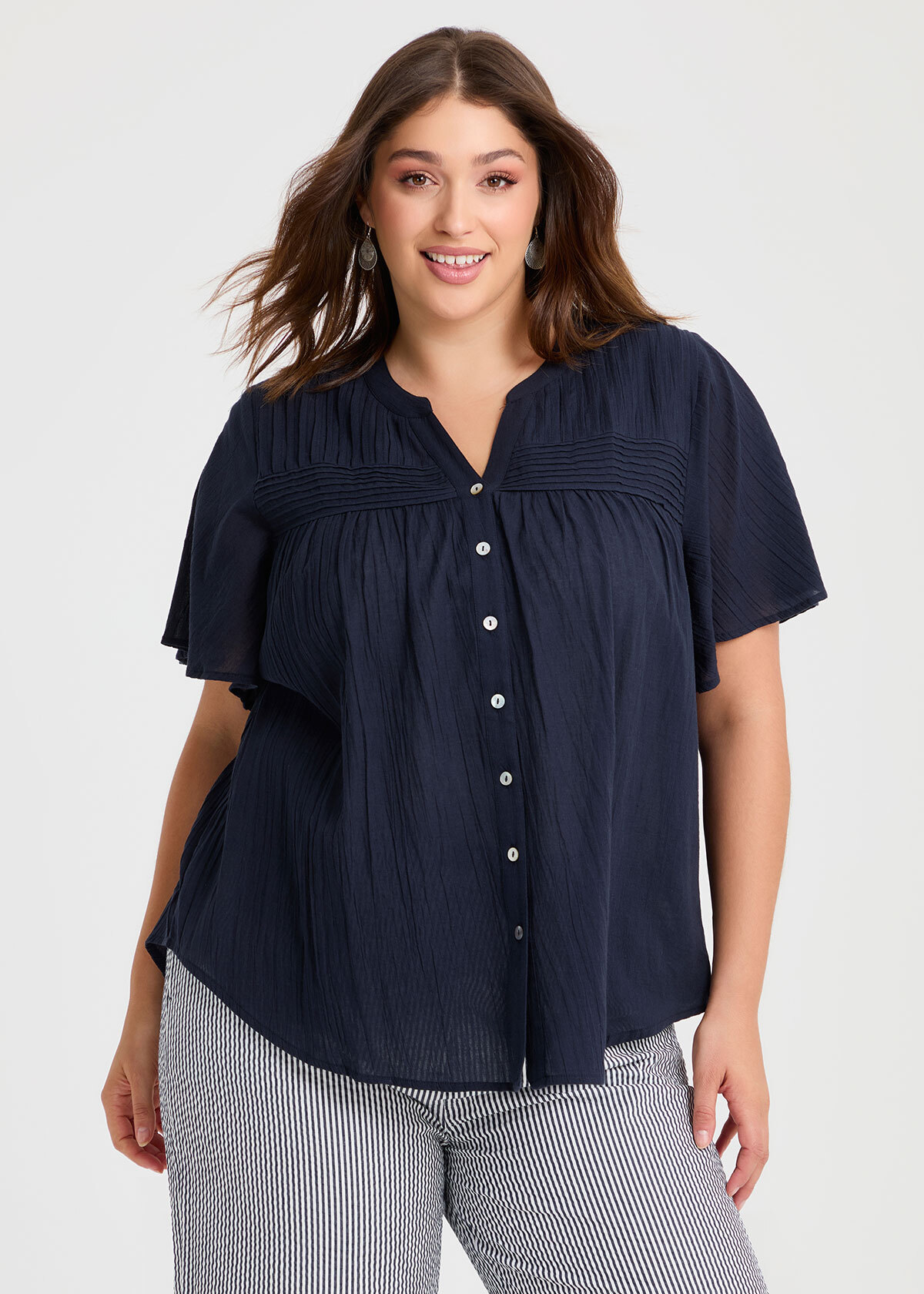 Shop Plus Size Cotton Pintuck Yoke Top, Navy | Taking Shape NZ