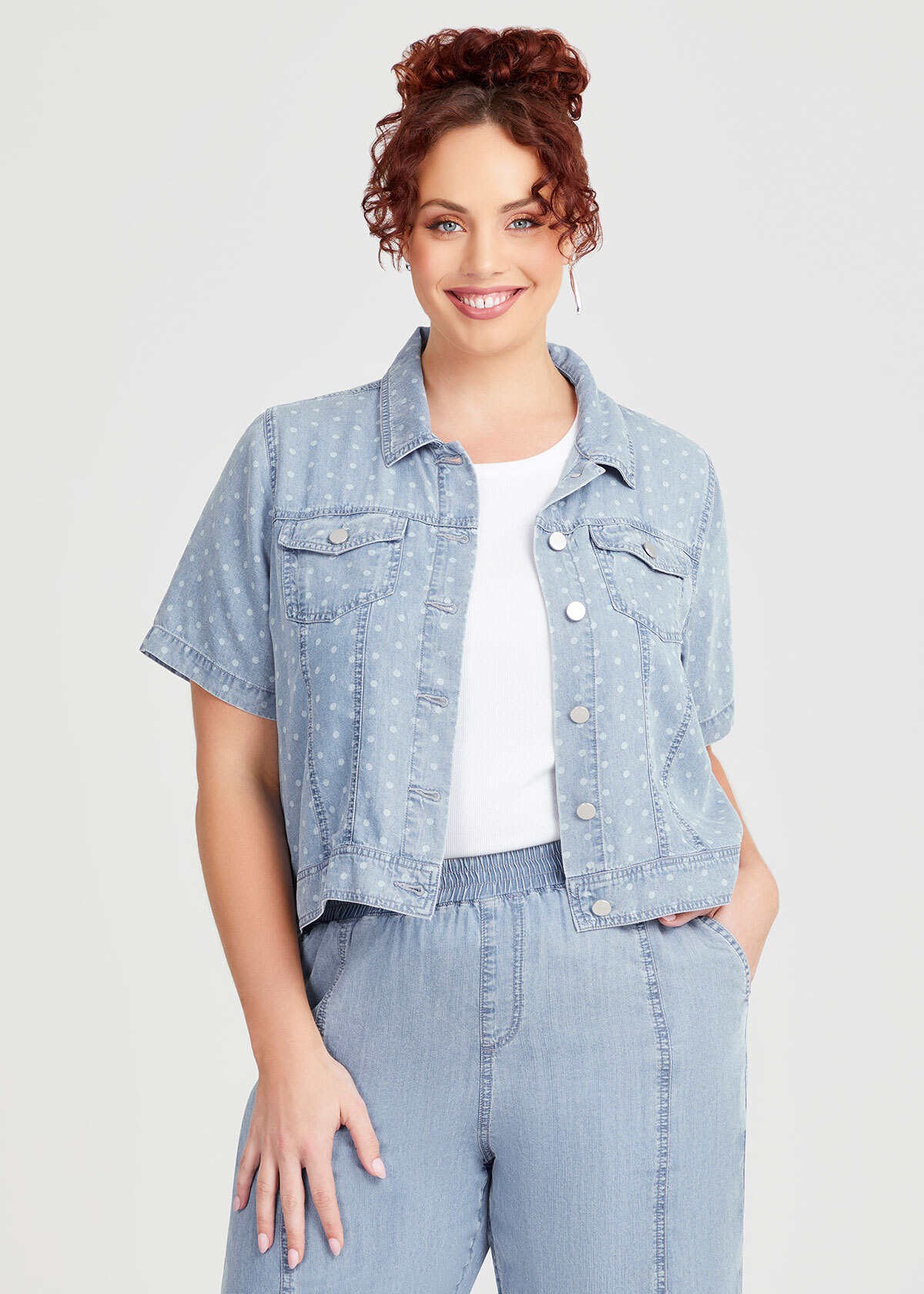 Shop Plus Size Chambray Spot Jacket, Blue | Taking Shape NZ