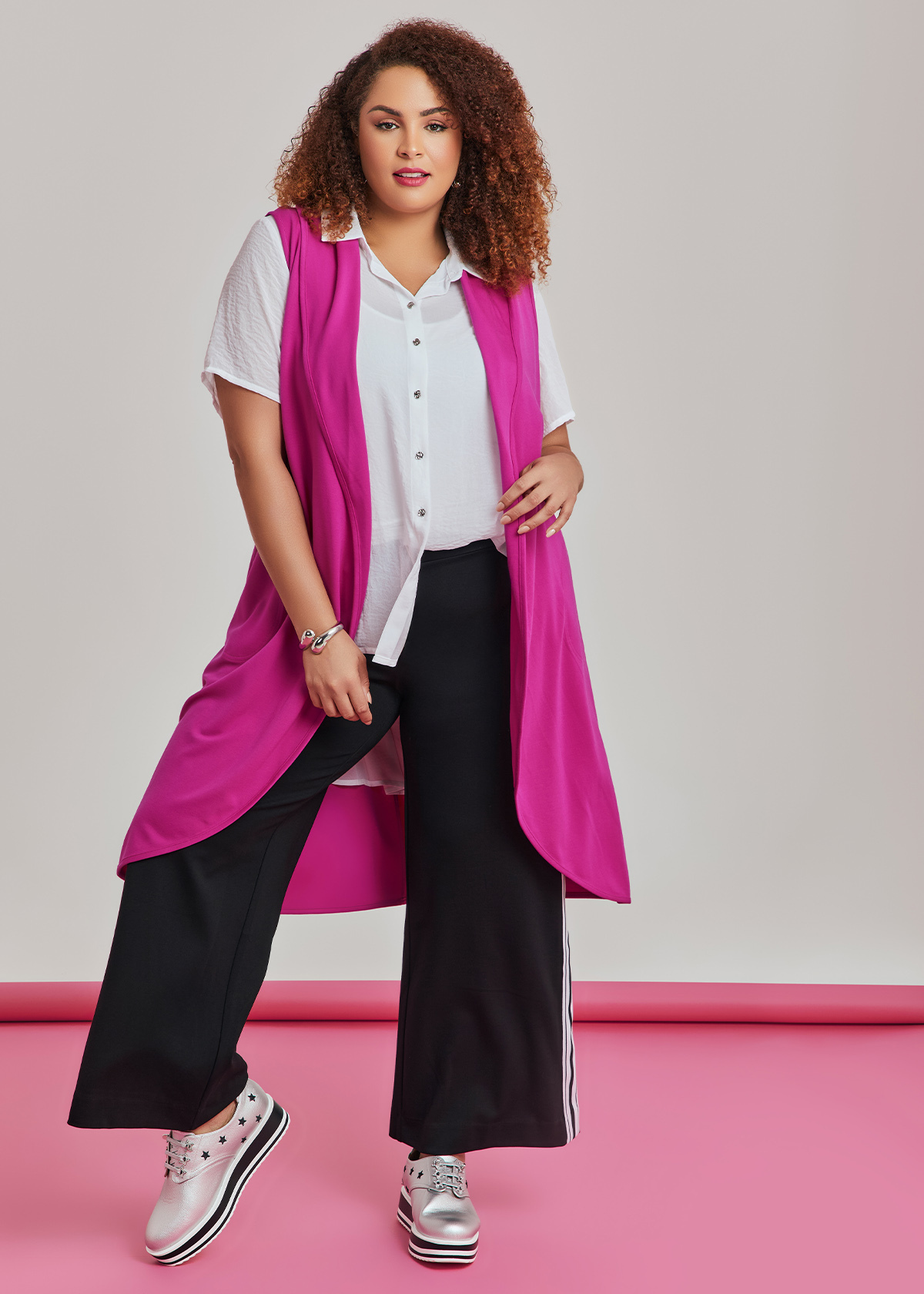 Shop Plus Size Ponte Spotlight Sleeveless Long Vest, Pink | Taking Shape NZ