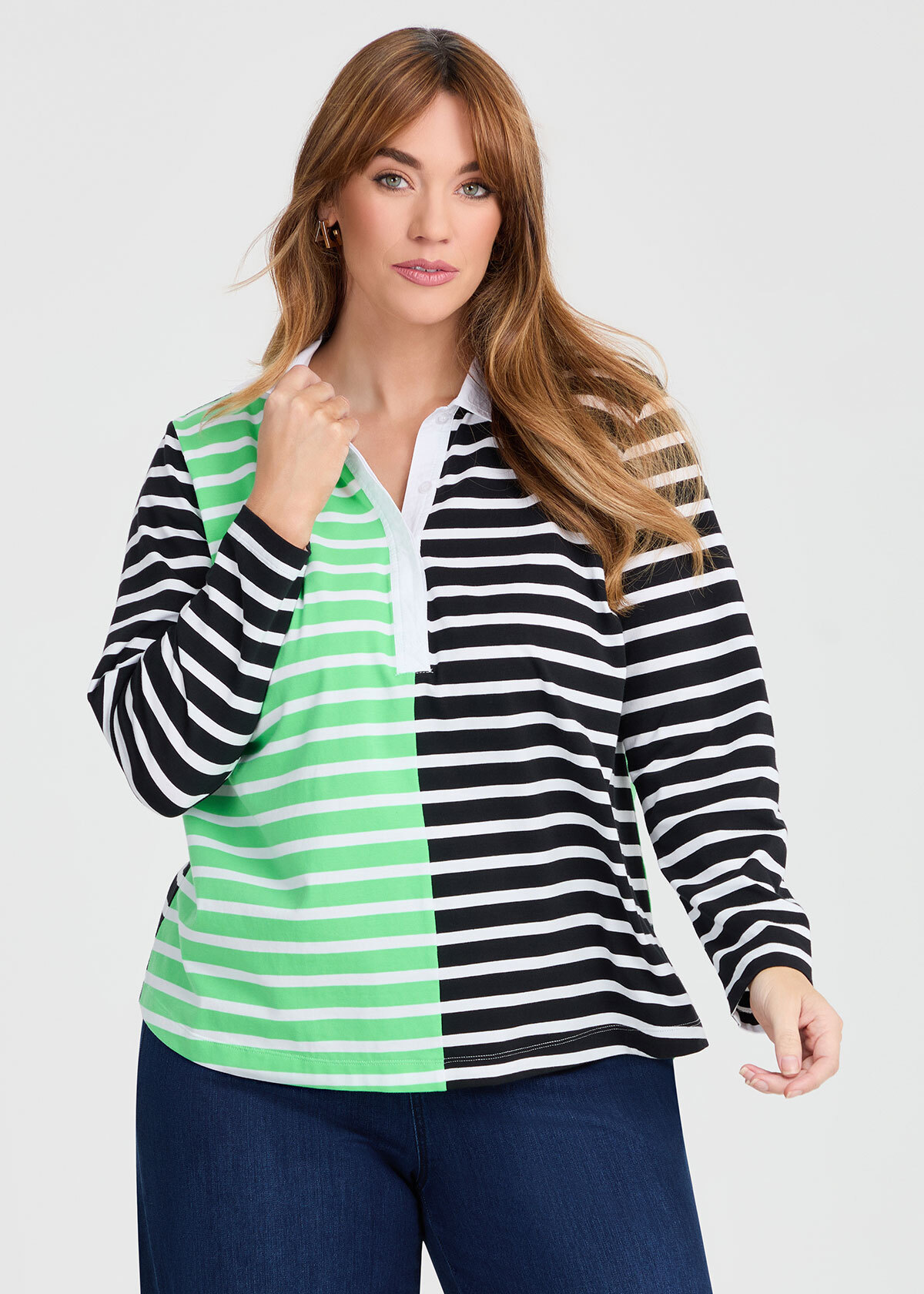 Shop Plus Size Cotton Mix Stripe Polo Top, Stripes | Taking Shape AU