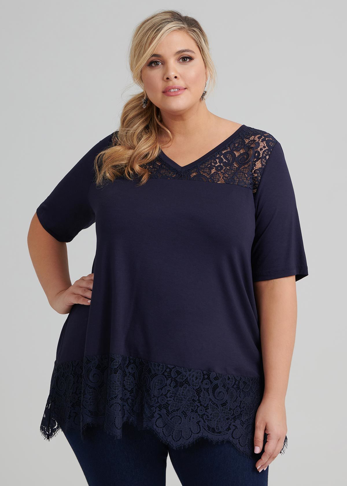 Shop Plus Size Lace Panels Top in Navy | Taking Shape AU
