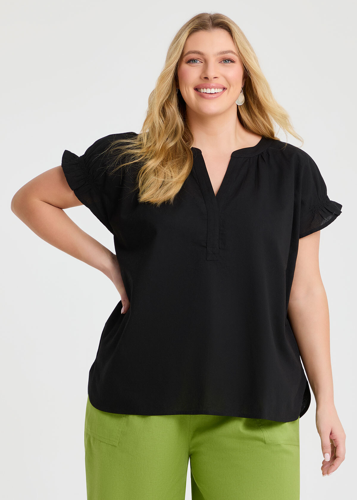 Shop Plus Size Cotton Linen Notch Neck Top, Black | Taking Shape NZ