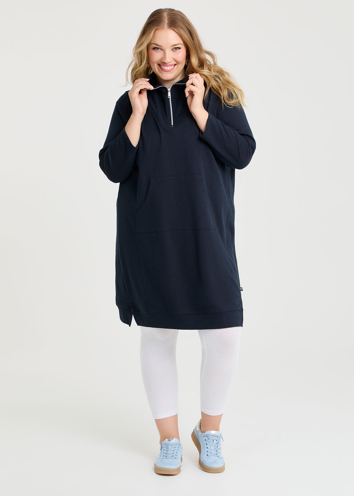 Shop Plus Size Zip Collar Long Sleeve Sweat Dress, Navy | Taking Shape AU