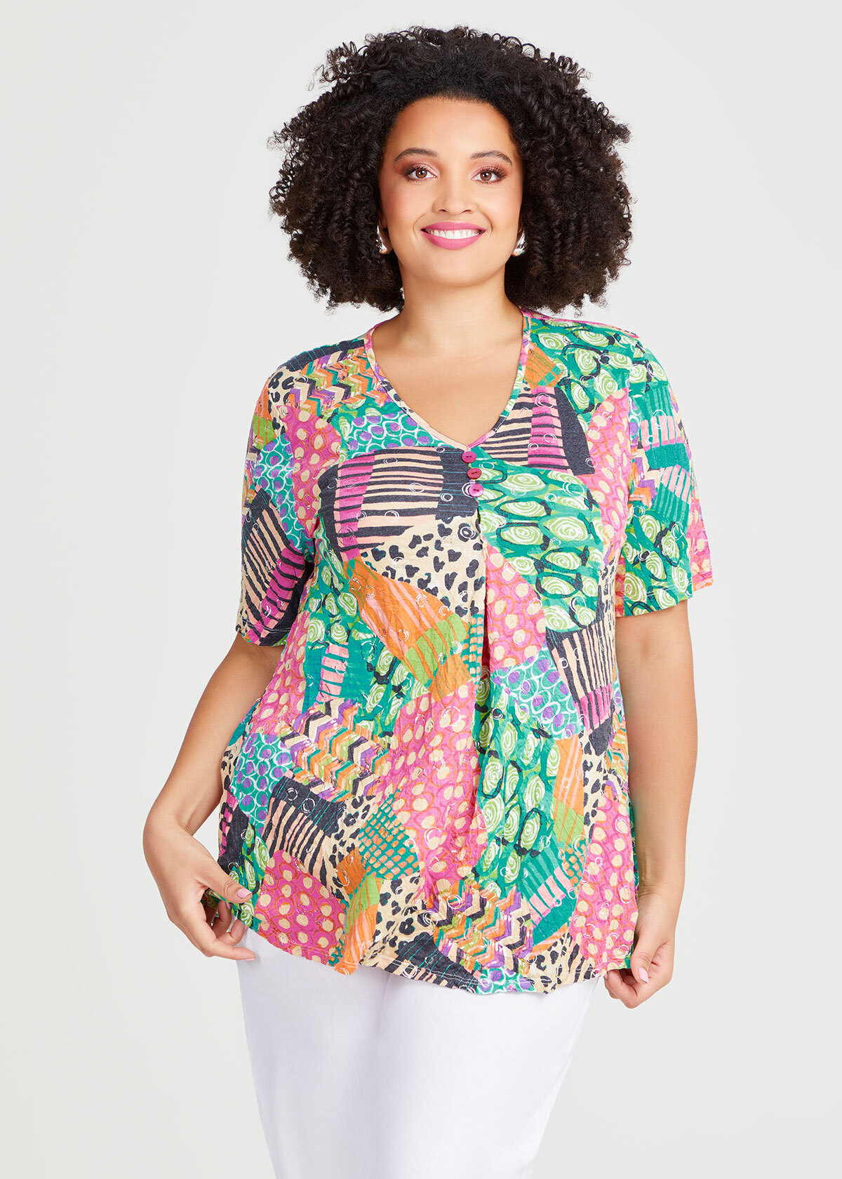 Shop Plus Size V-neck Button Bamboo Crush Top, Multi | Taking Shape NZ