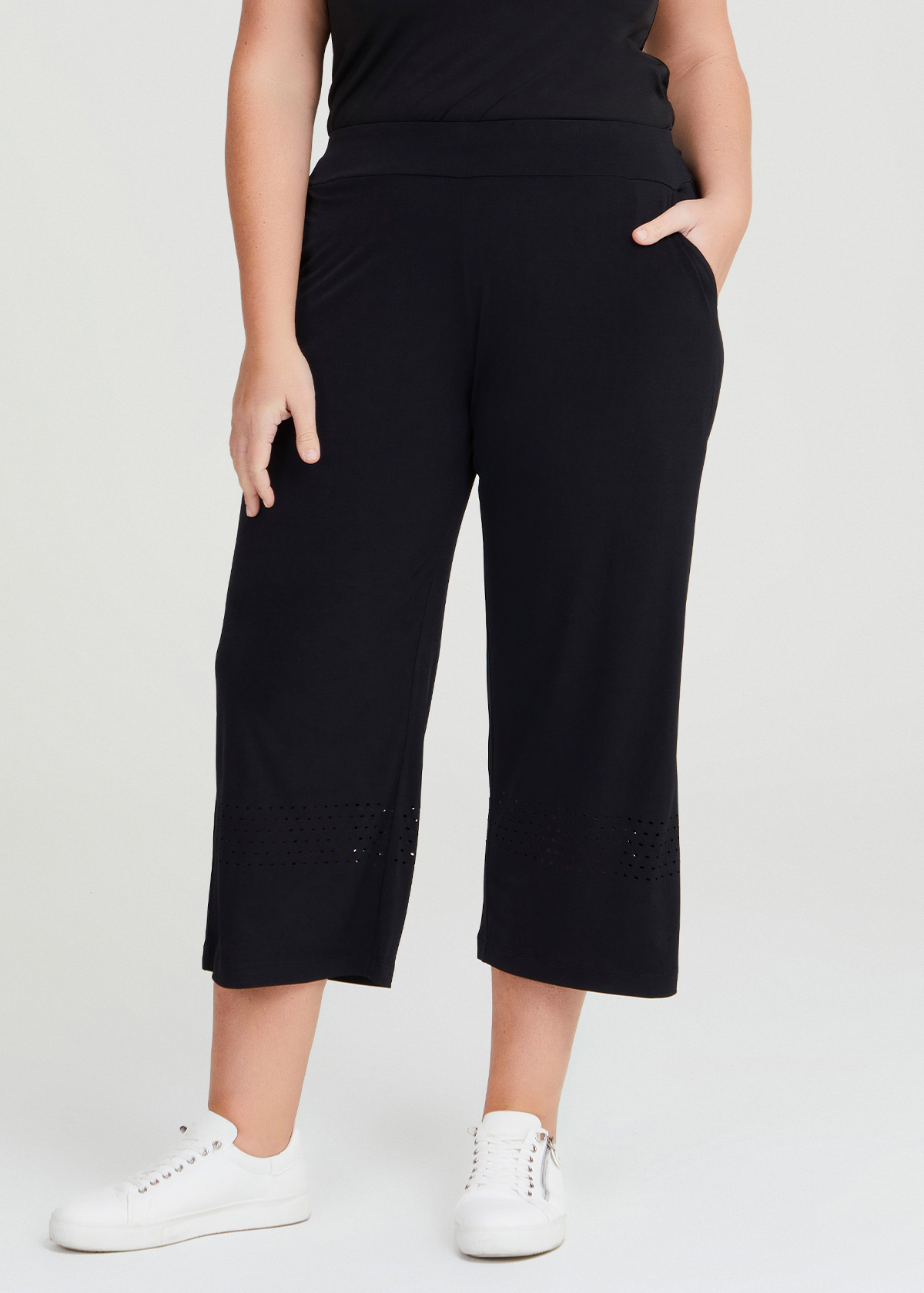 Laser Cut Detail Cullote Pant in Black in sizes 12 to 30 | Taking Shape UK