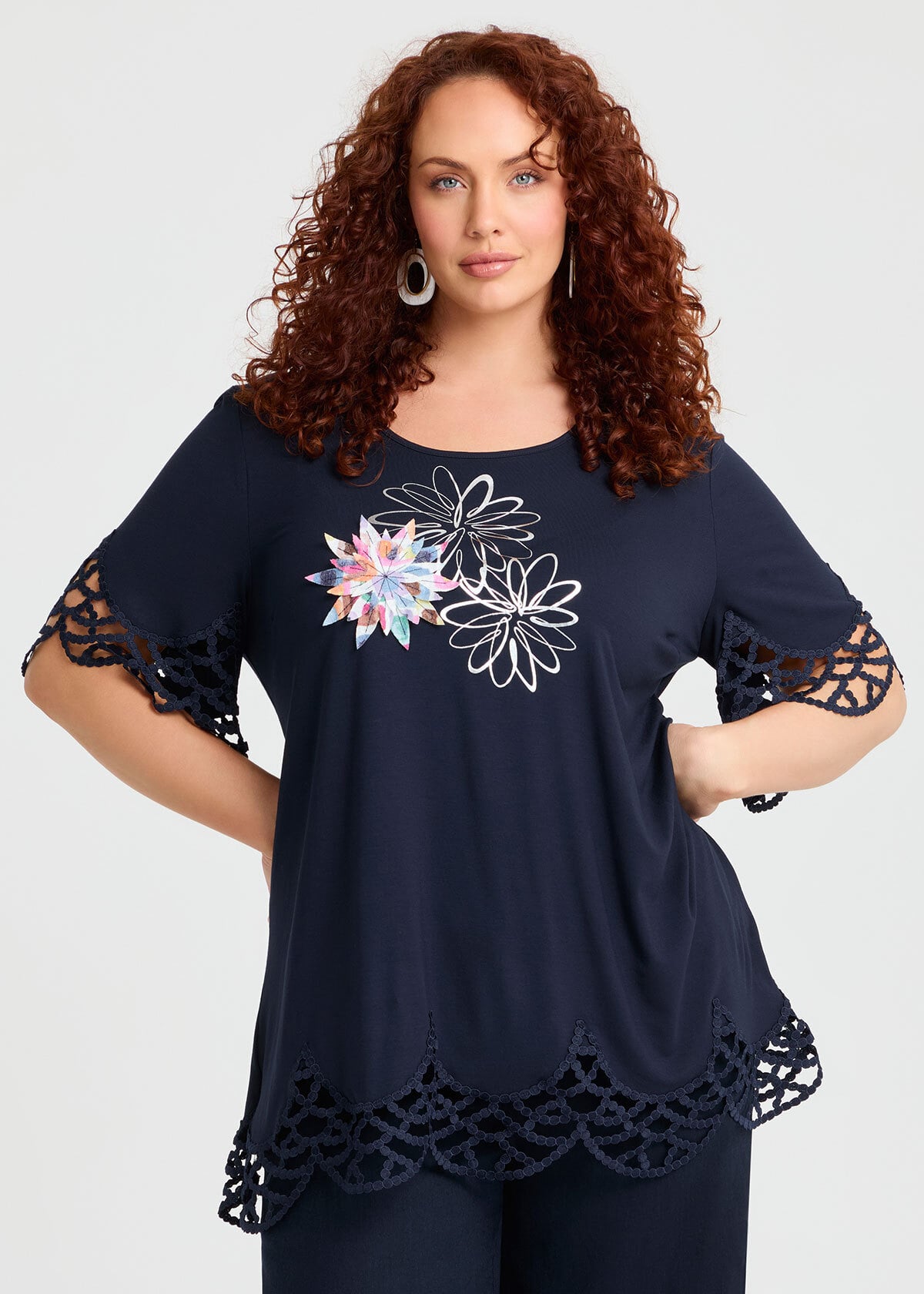 Shop Plus Size Lace Trim Applique & Foil Top, Blue | Taking Shape AU