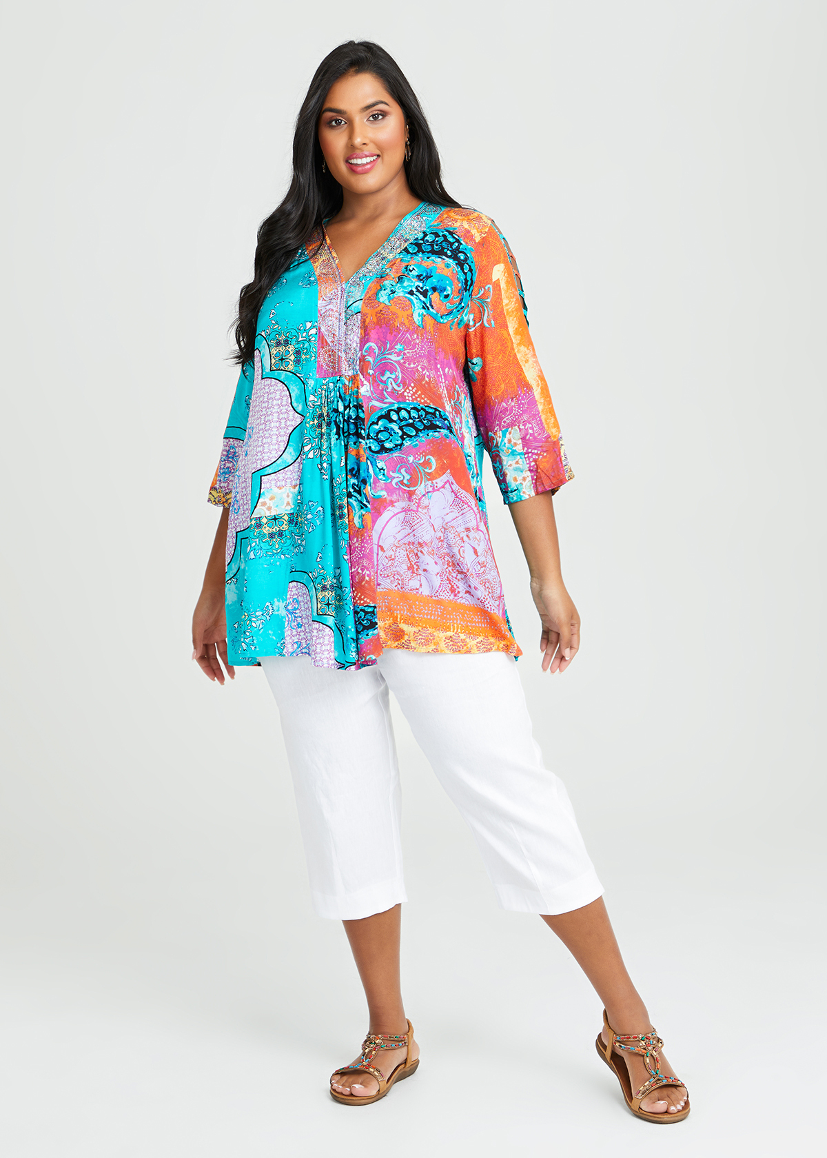 Shop Plus Size Sleeve Detail Natural Tunic in Multi | Sizes 12-30 ...