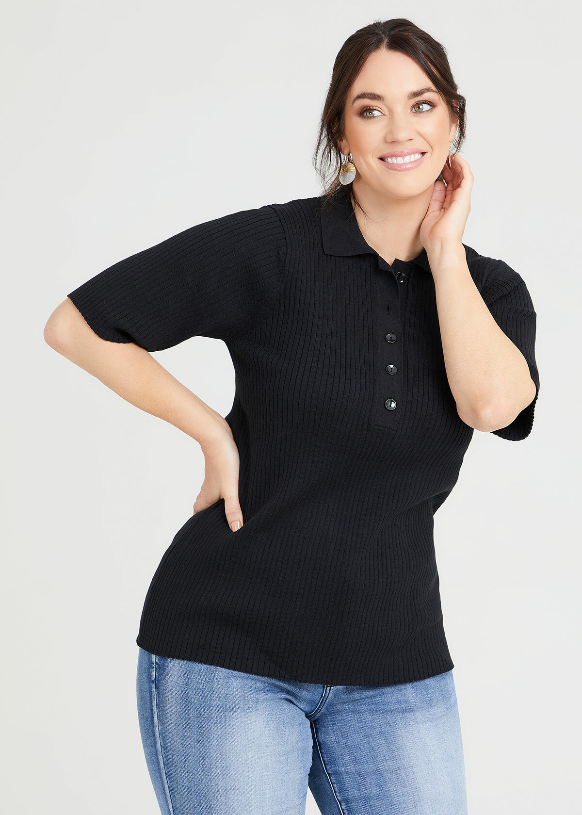 Shop Plus Size Rib Knit Polo Top, Black | Taking Shape AU