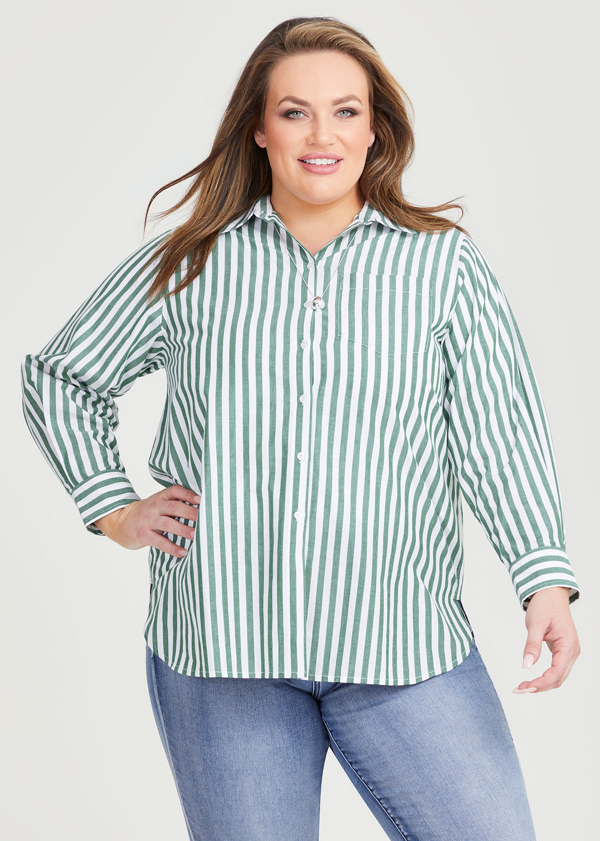 Shop Plus Size Cotton Bold Stripe Shirt, Green | Taking Shape AU