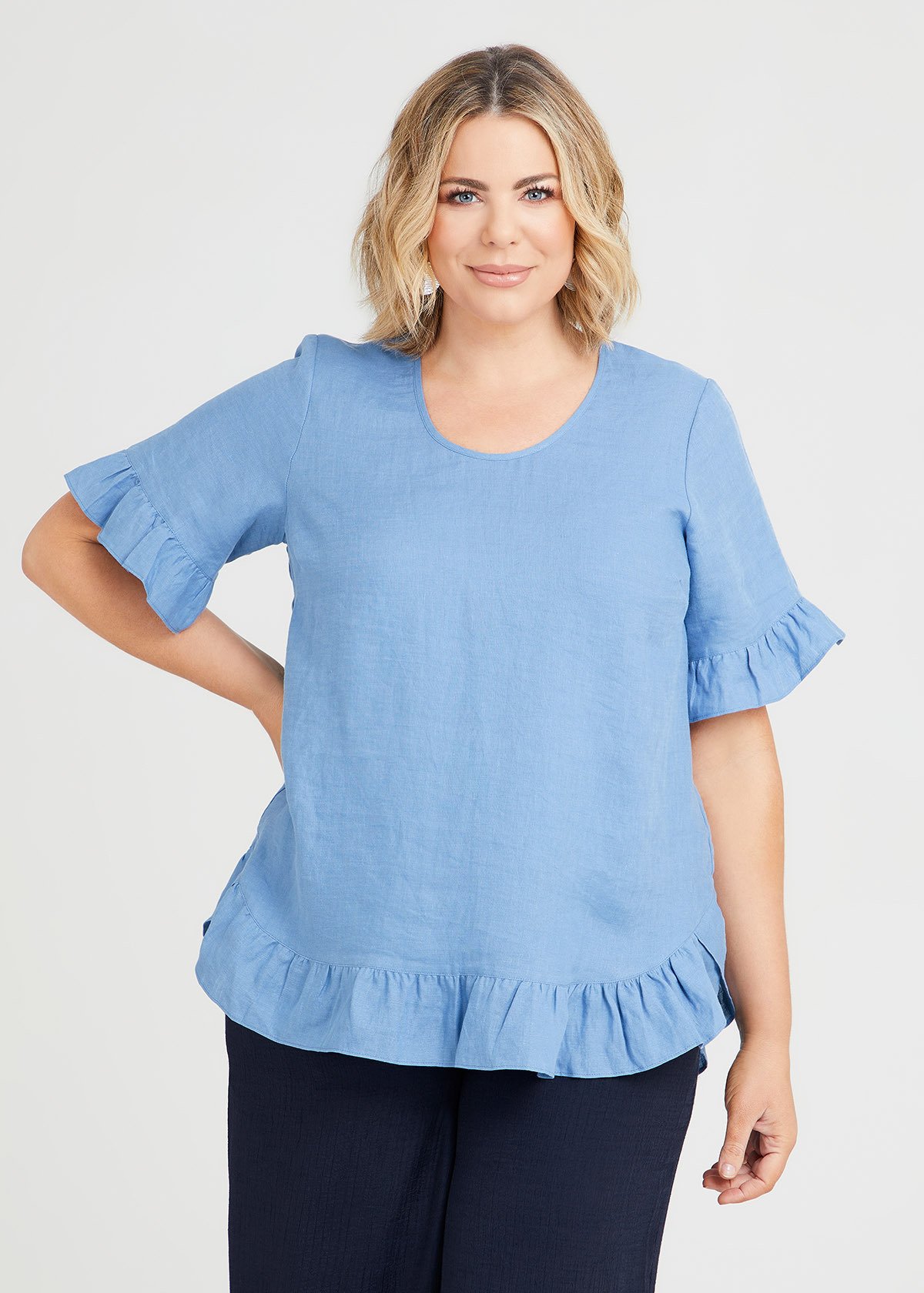 Shop Plus Size Luma Ruffle Linen Top, Blue | Taking Shape AU