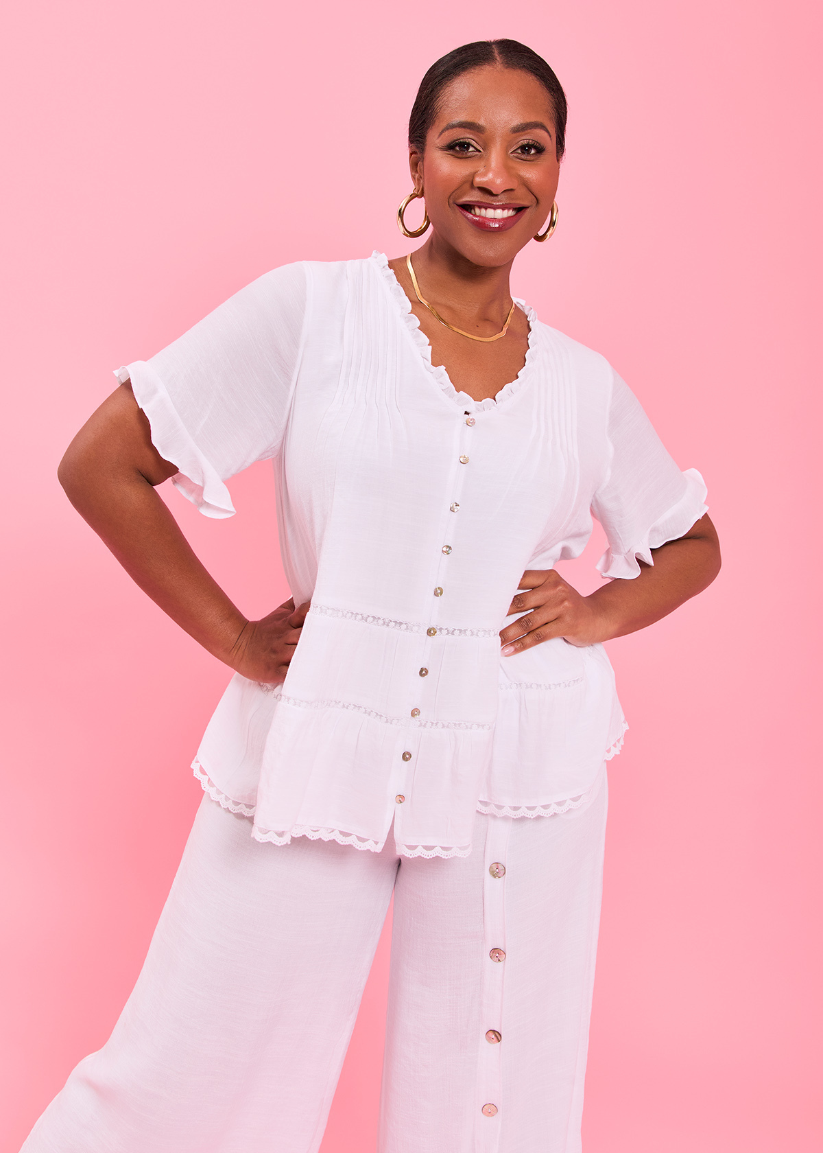 Shop Plus Size Natural Lace Trim Button Top, White | Taking Shape NZ