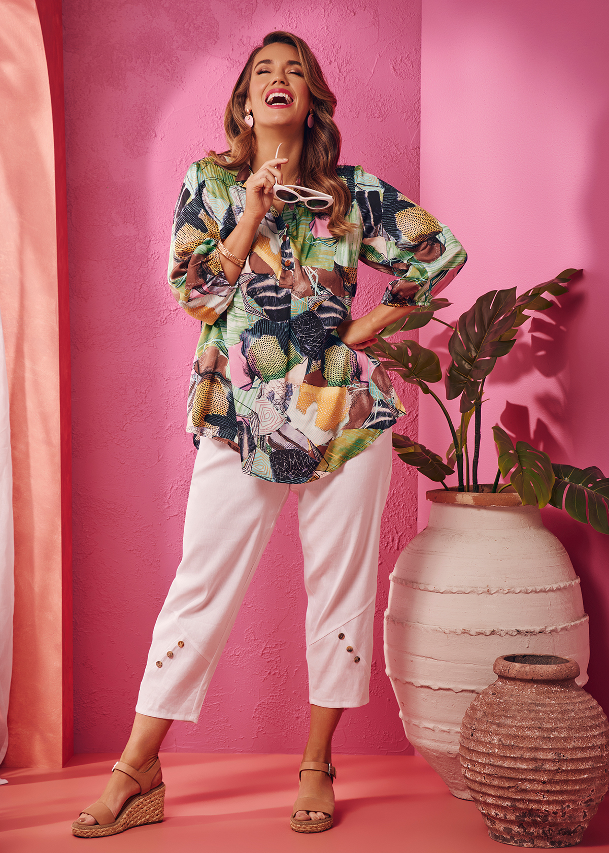 Shop Plus Size Button Stretch Linen Pant, White | Taking Shape AU
