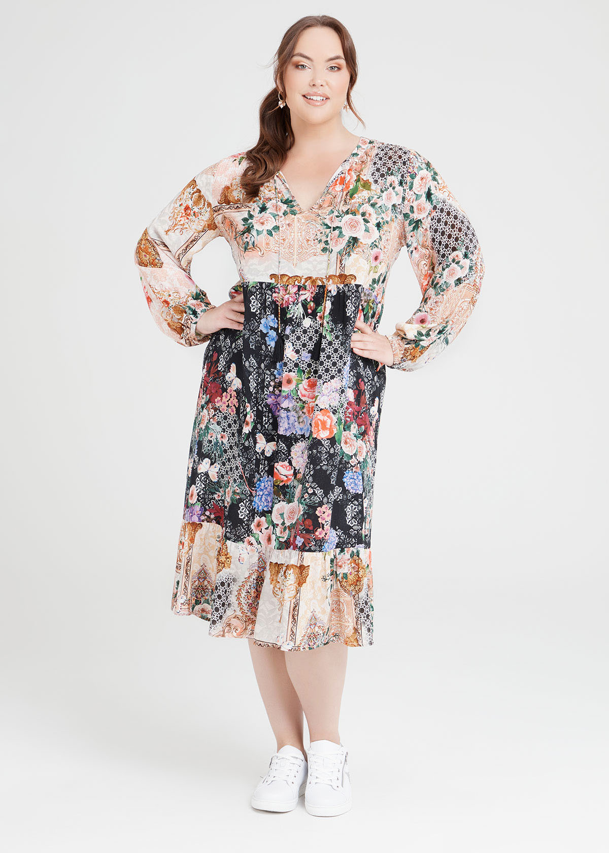 Shop Plus Size Natural Patchwork Mix Boho Dress, Print | Taking Shape AU