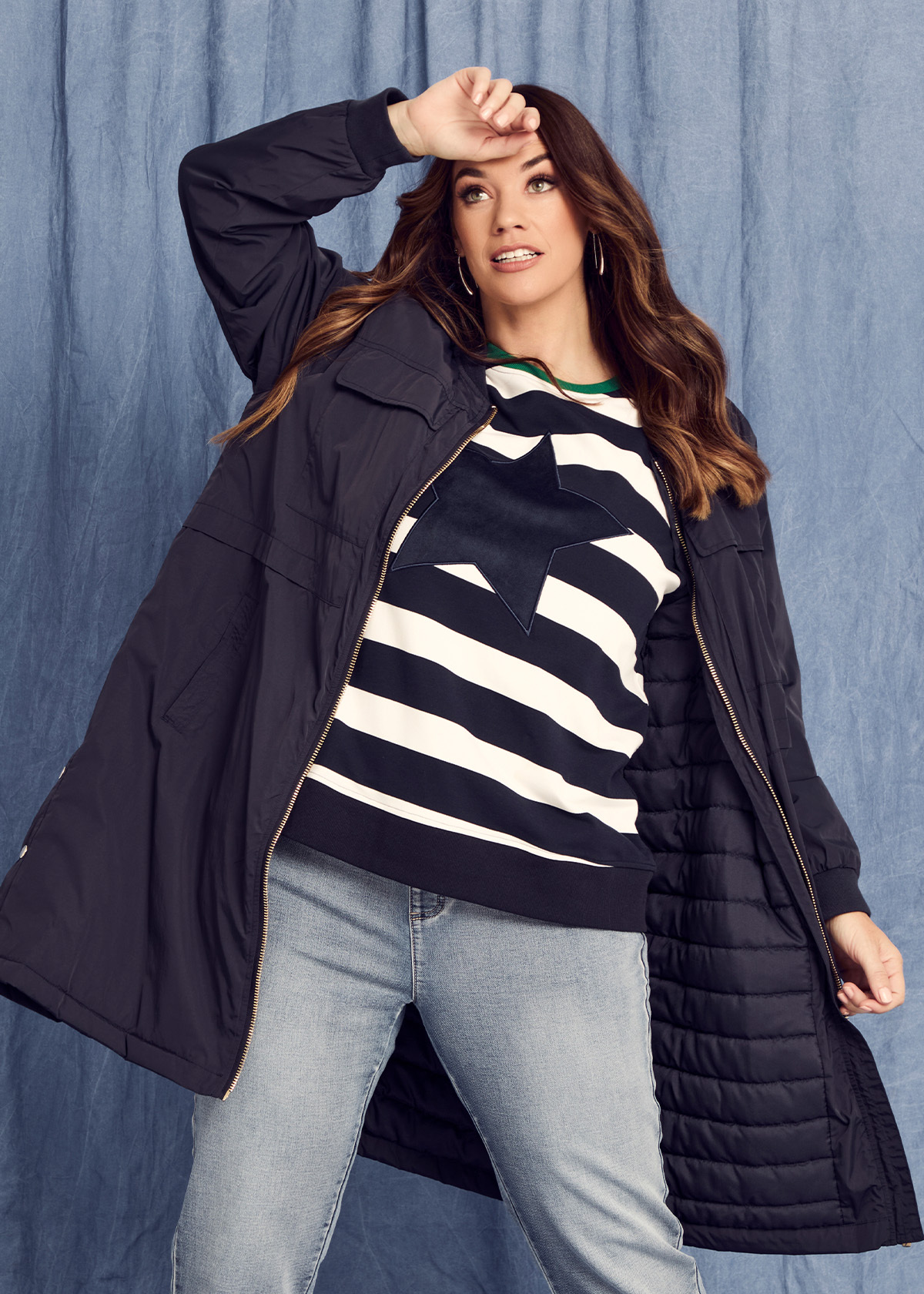 Shop Plus Size Long Line Casual Zip Jacket, Blue | Taking Shape AU