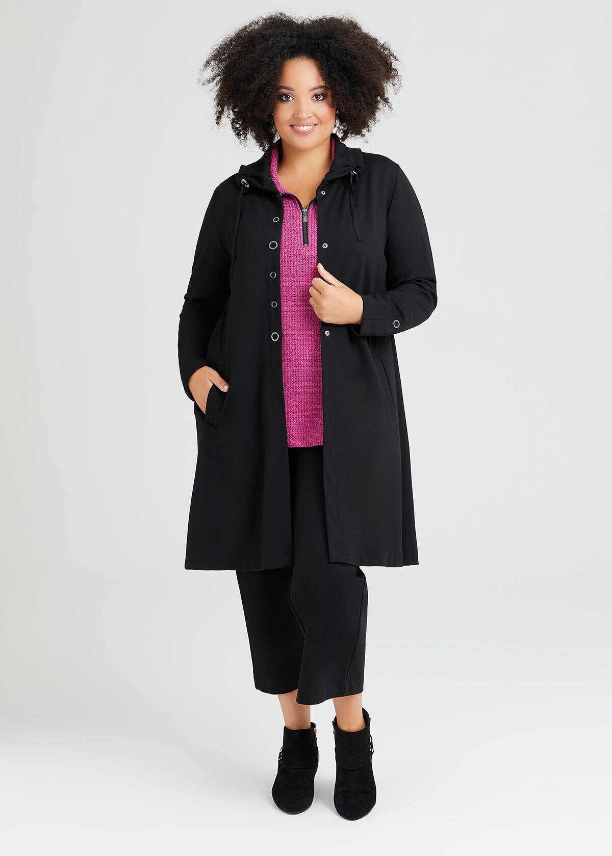 Shop Plus Size Eyelet Bamboo Ponte Trench, Black | Taking Shape AU