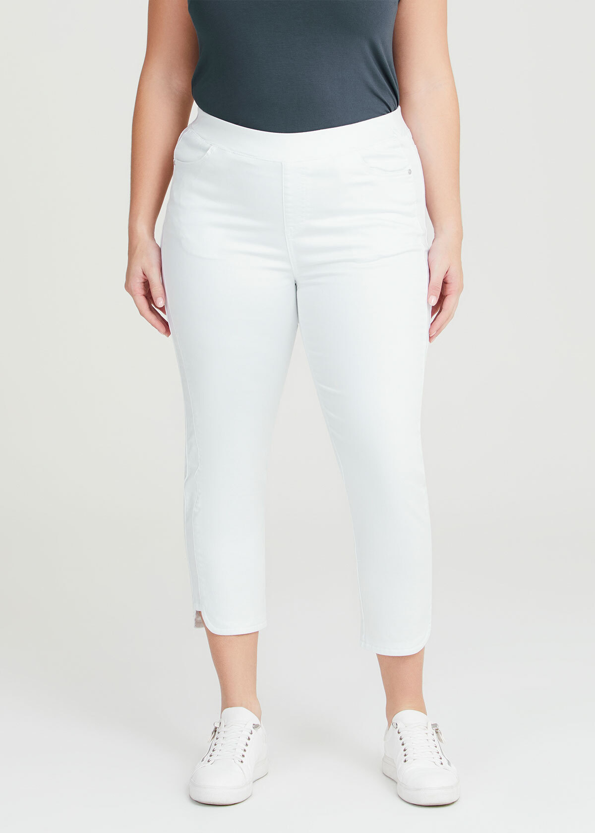Shop Plus Size Curved Hem Denim Capri Pant, White | Taking Shape AU