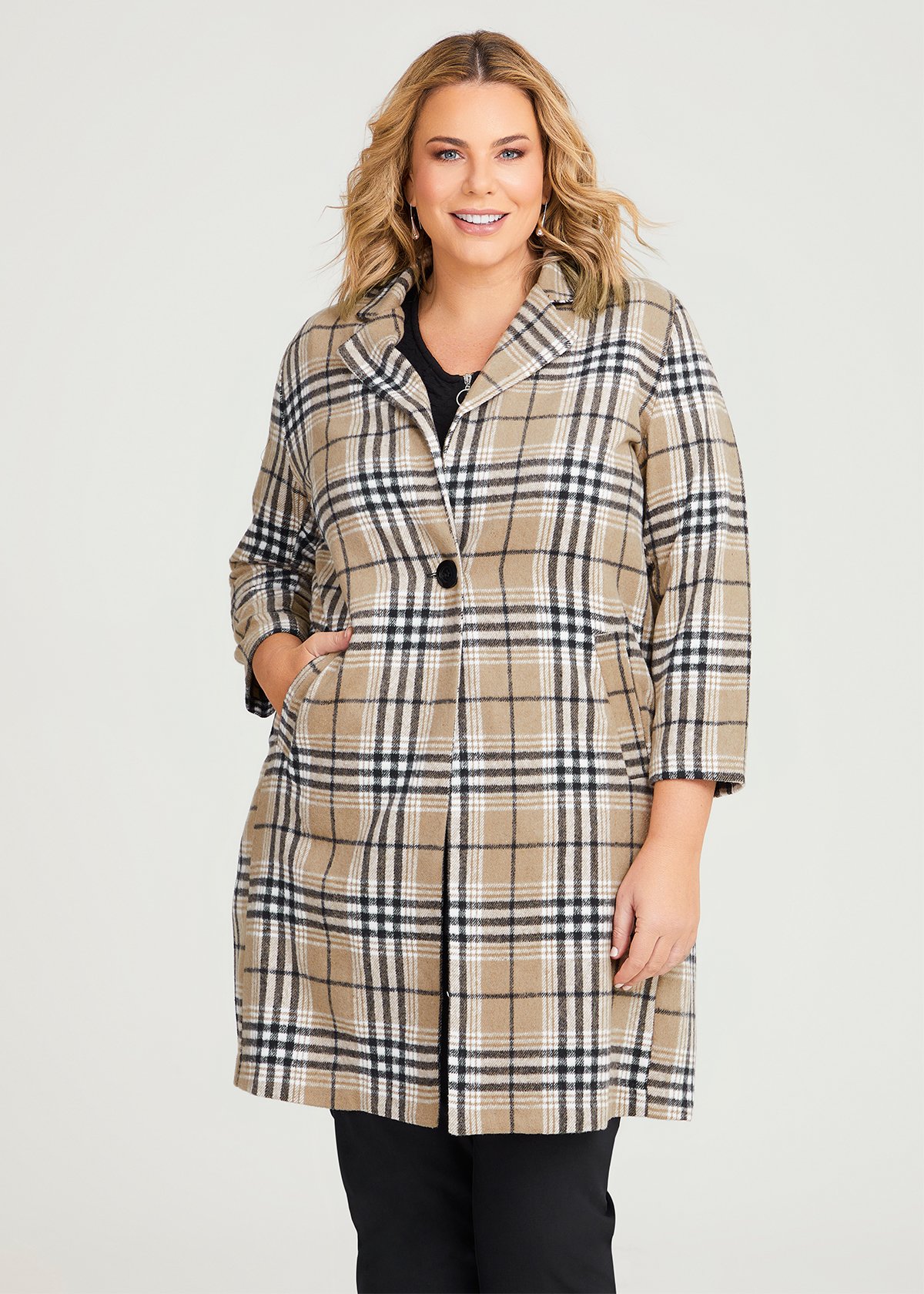 Shop Plus Size Button Longline Check Jacket, Brown | Taking Shape AU