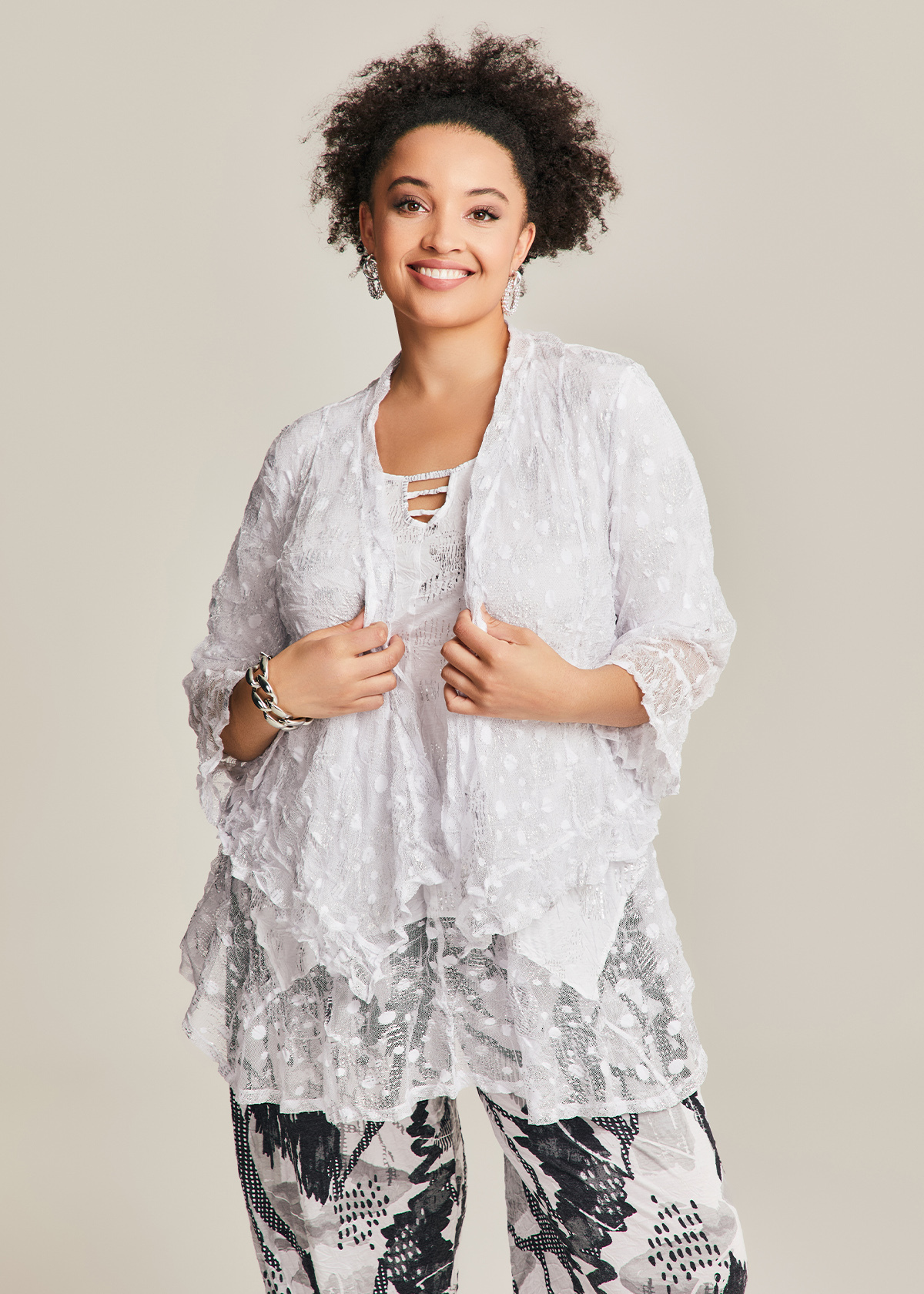 Shop Plus Size Foil Spot Mesh Cardigan, White | Taking Shape AU