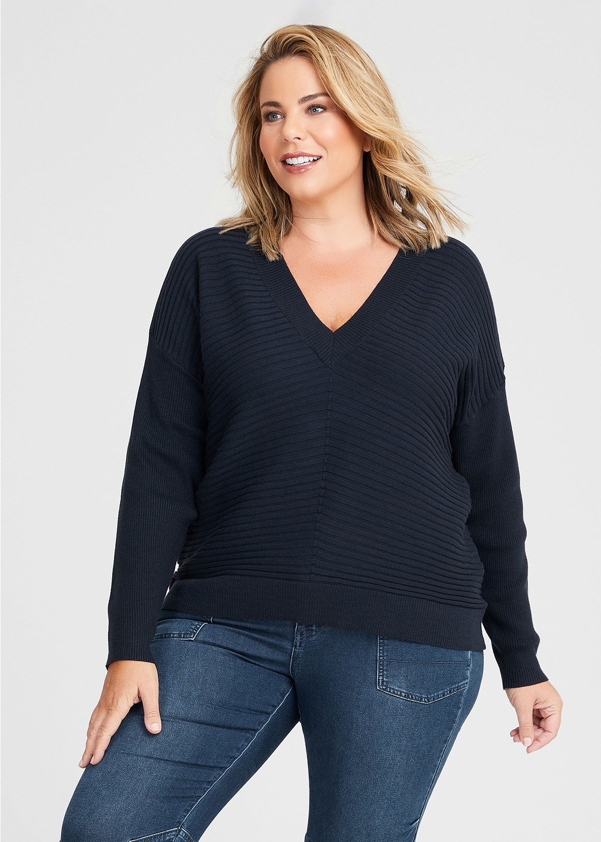 Shop Plus Size Textured V-neck Knit Jumper in Blue | Taking Shape AU