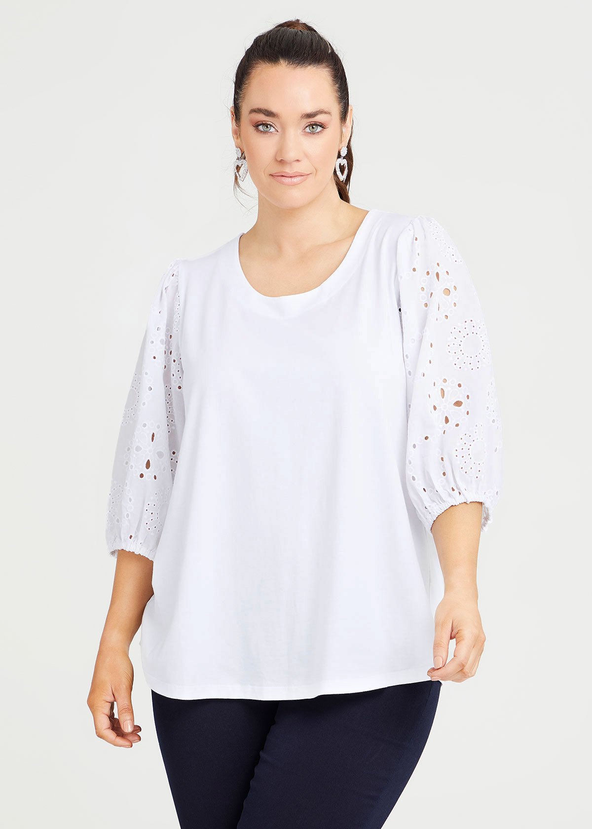 Shop Plus Size Cotton Broderie Sleeve Top in White | Taking Shape AU