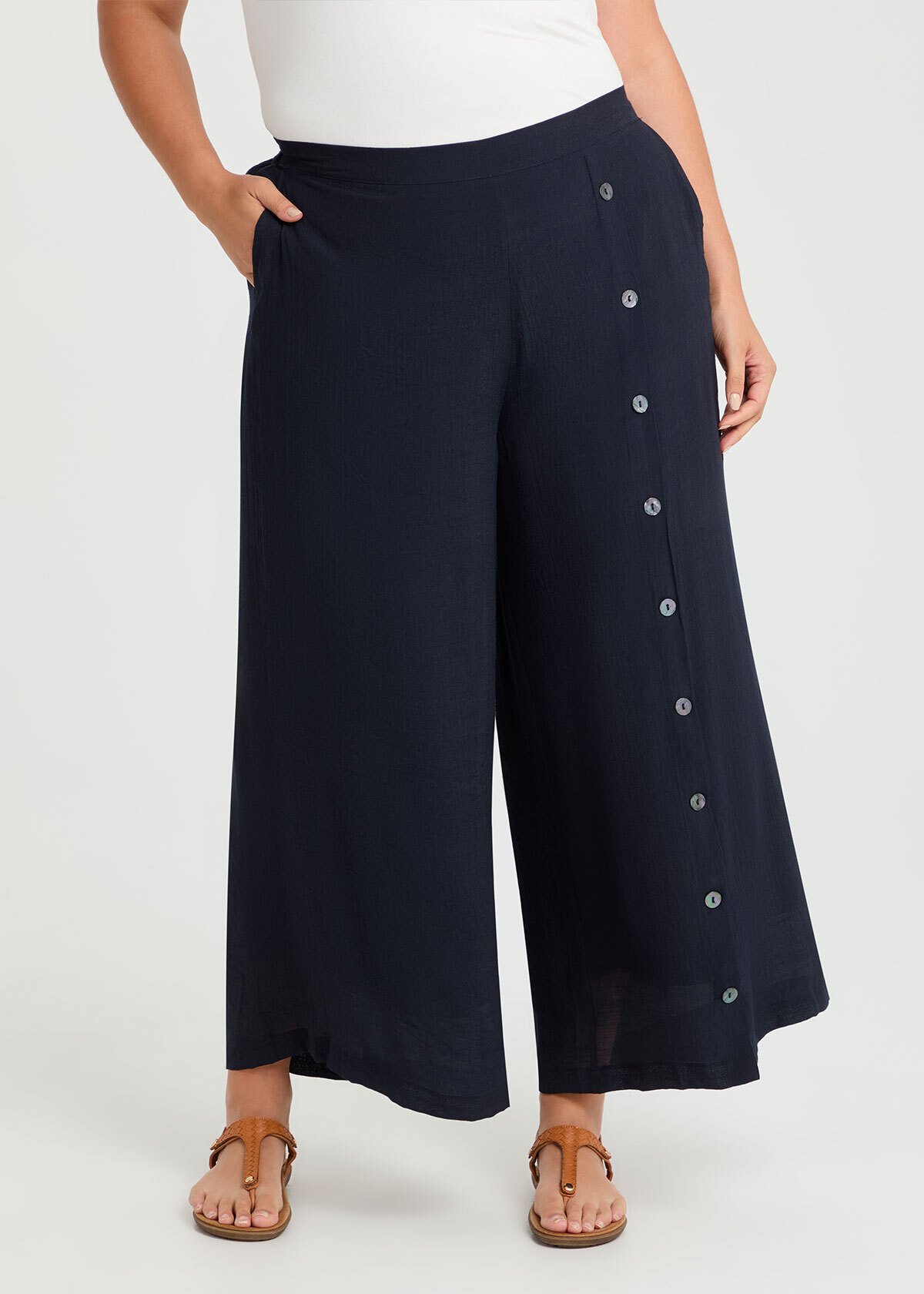 Shop Plus Size Natural Buttoned Wide Leg Pant, Navy | Taking Shape NZ