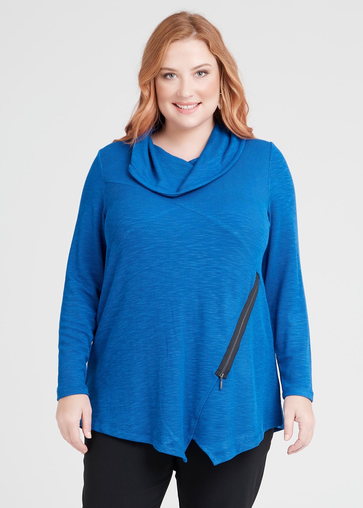 Shop Plus Size Cowl Neck Zip Top, Blue | Taking Shape AU