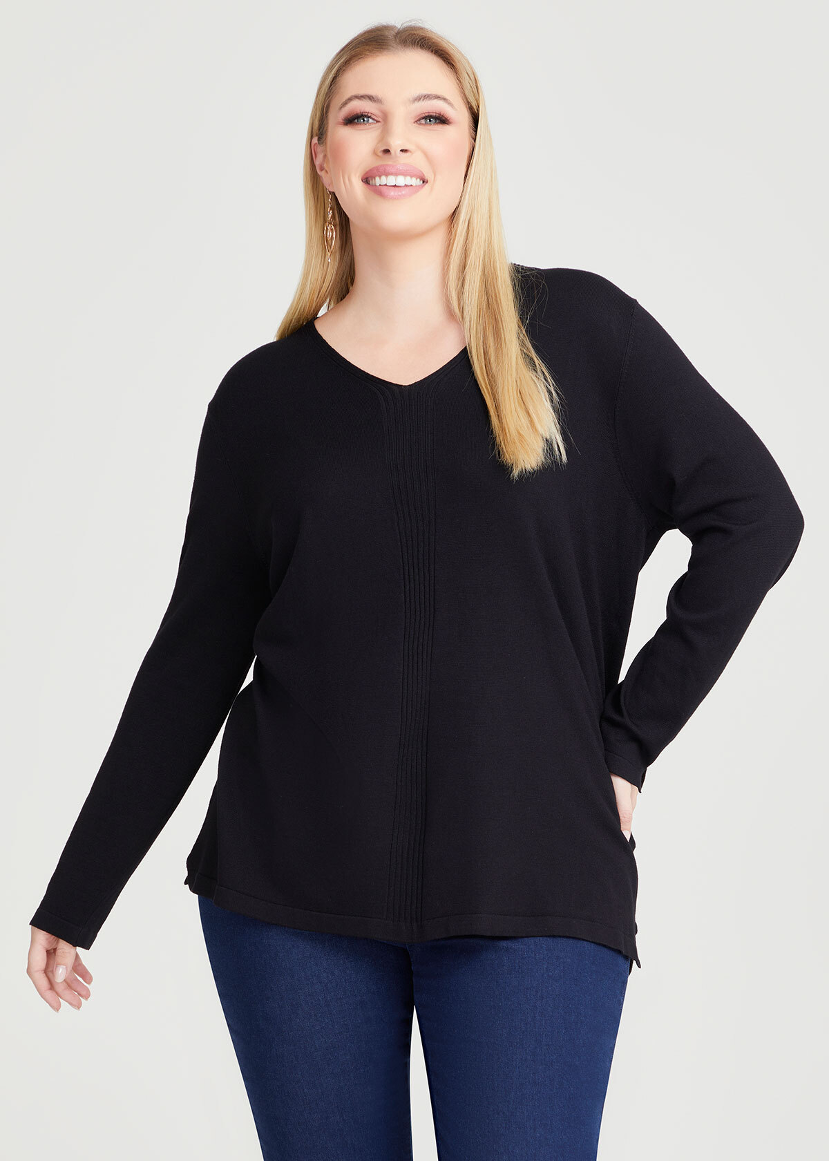 Shop Plus Size V Neck Natural Jumper, Black | Taking Shape AU