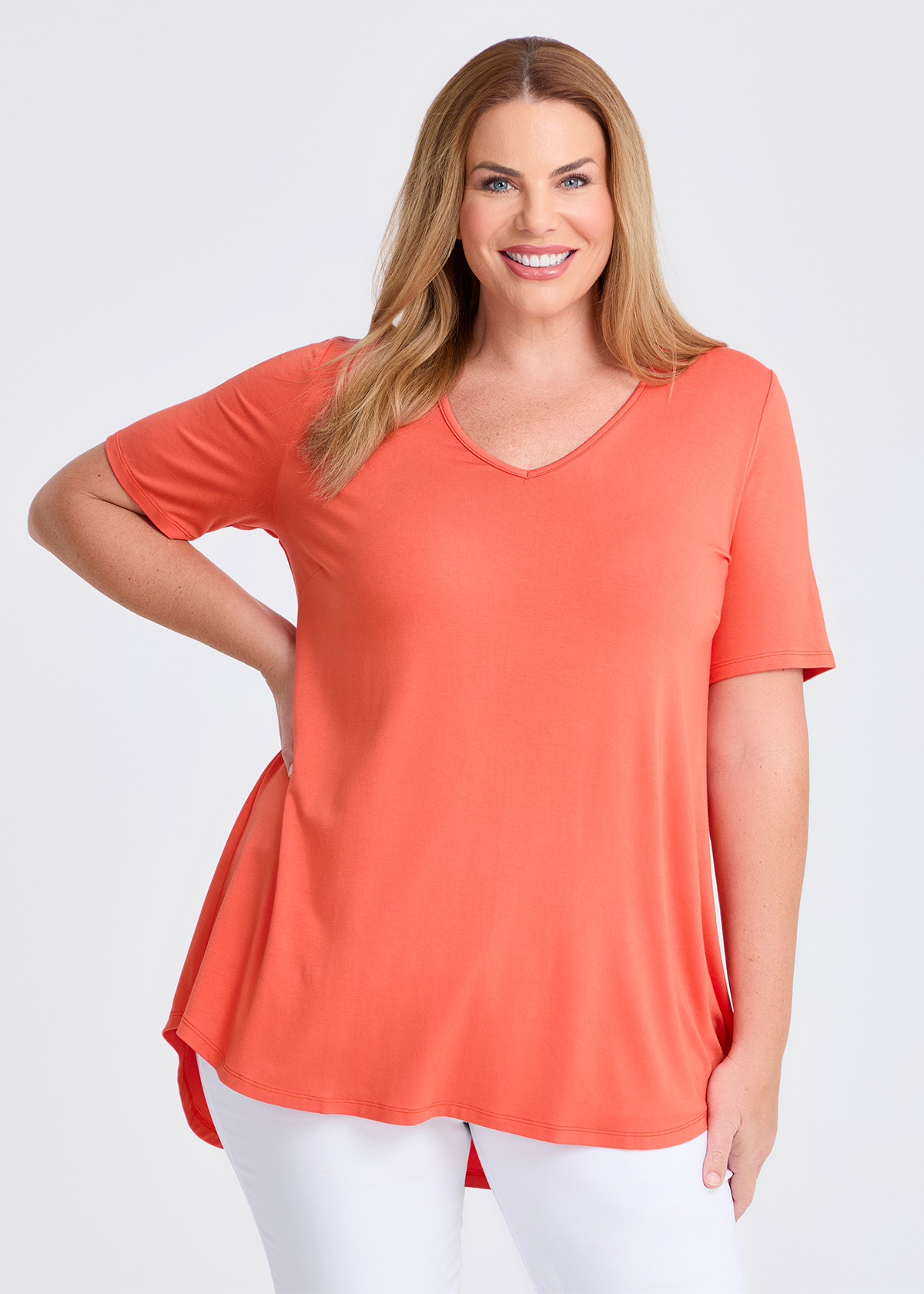 Shop Plus Size Bamboo Base V Neck Short Sleeve Top, Orange | Taking ...