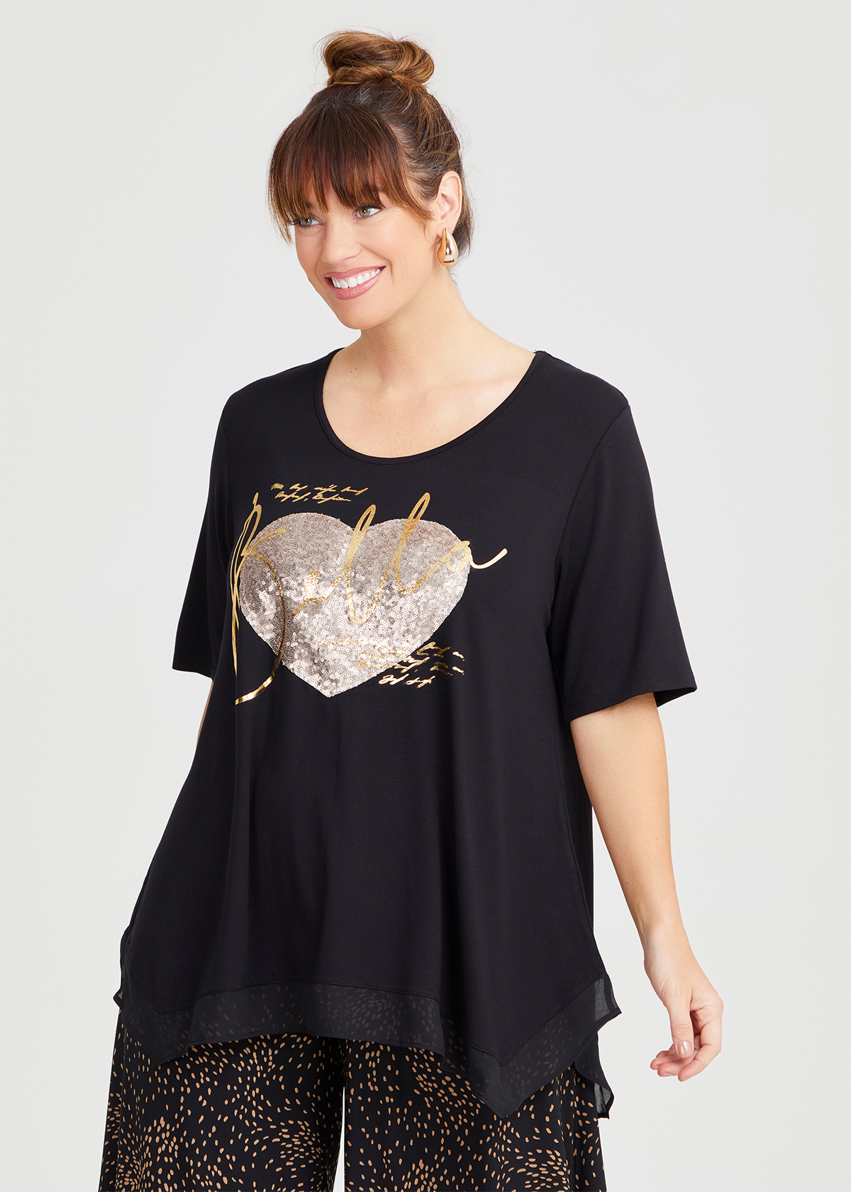 Plus Size Sequin & Foil Detail Natural Top in Black | Taking Shape AU
