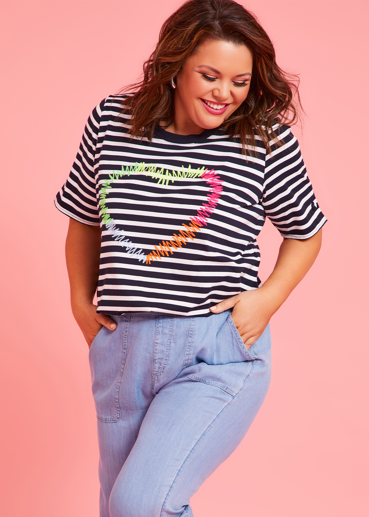 Shop Plus Size Cotton Stripe Love Heart T-shirt, Blue | Taking Shape NZ