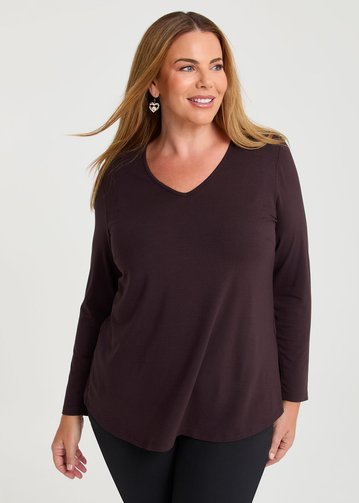 Shop Plus Size Natural Everyday V-neck Long Sleeve Top, Brown | Taking ...