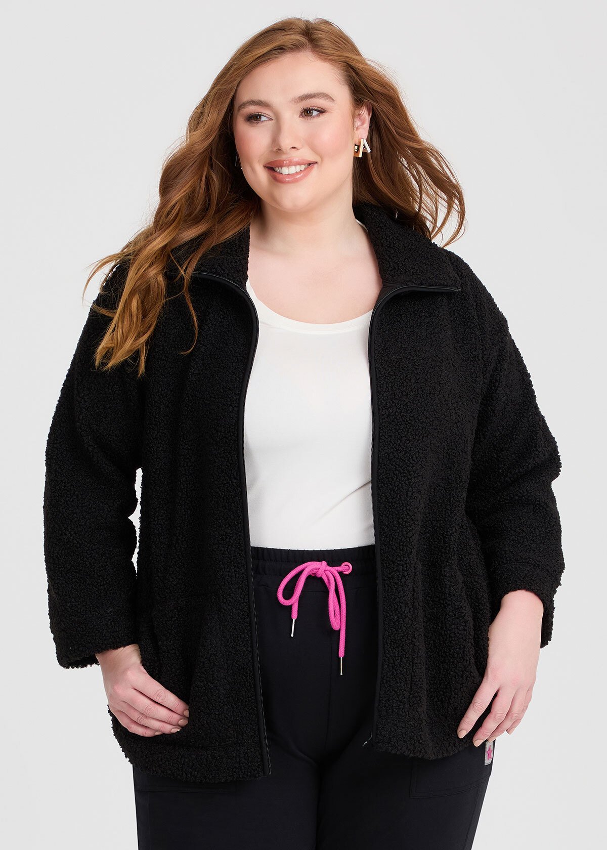 Shop Plus Size Teddy Zip Through Jacket, Black | Taking Shape NZ