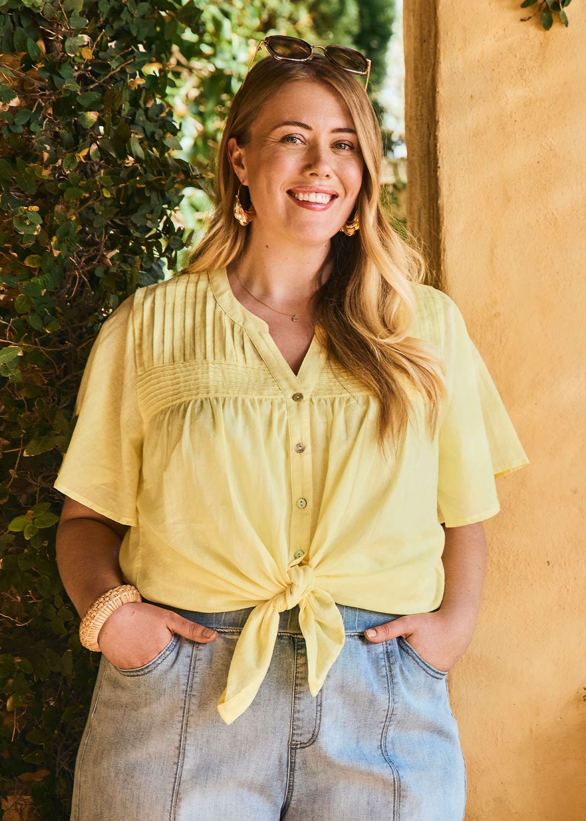 Shop Plus Size Cotton Pintuck Yoke Top, Yellow | Taking Shape NZ