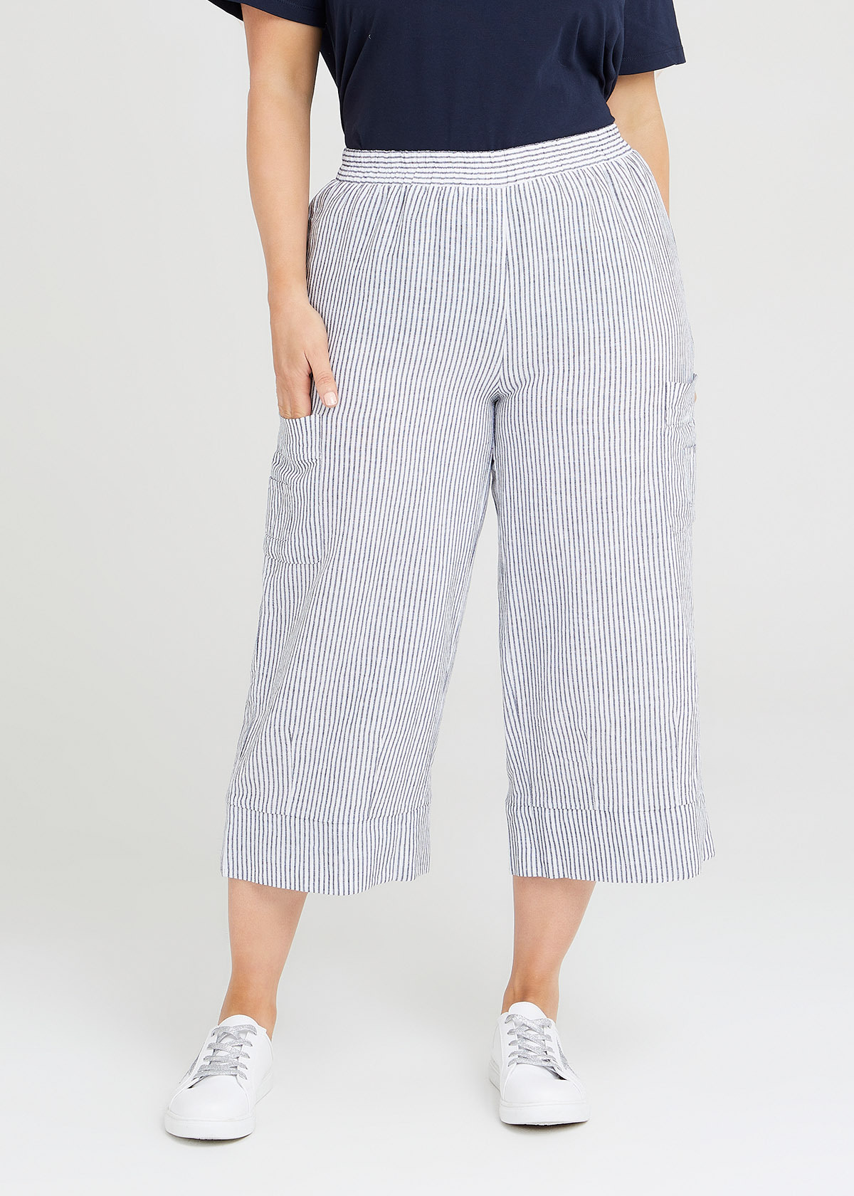 Shop Plus Size Linen Blend Stripe Crop Pant, Multi | Taking Shape AU