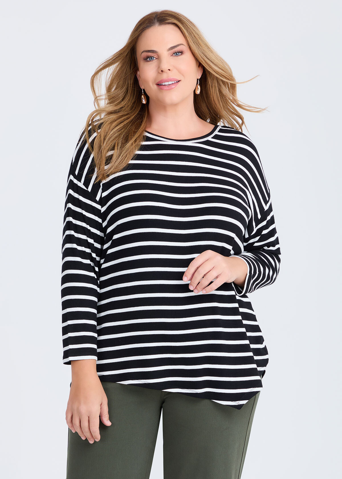 Shop Plus Size Stripe Asymmetrical Rib Top, Black | Taking Shape NZ