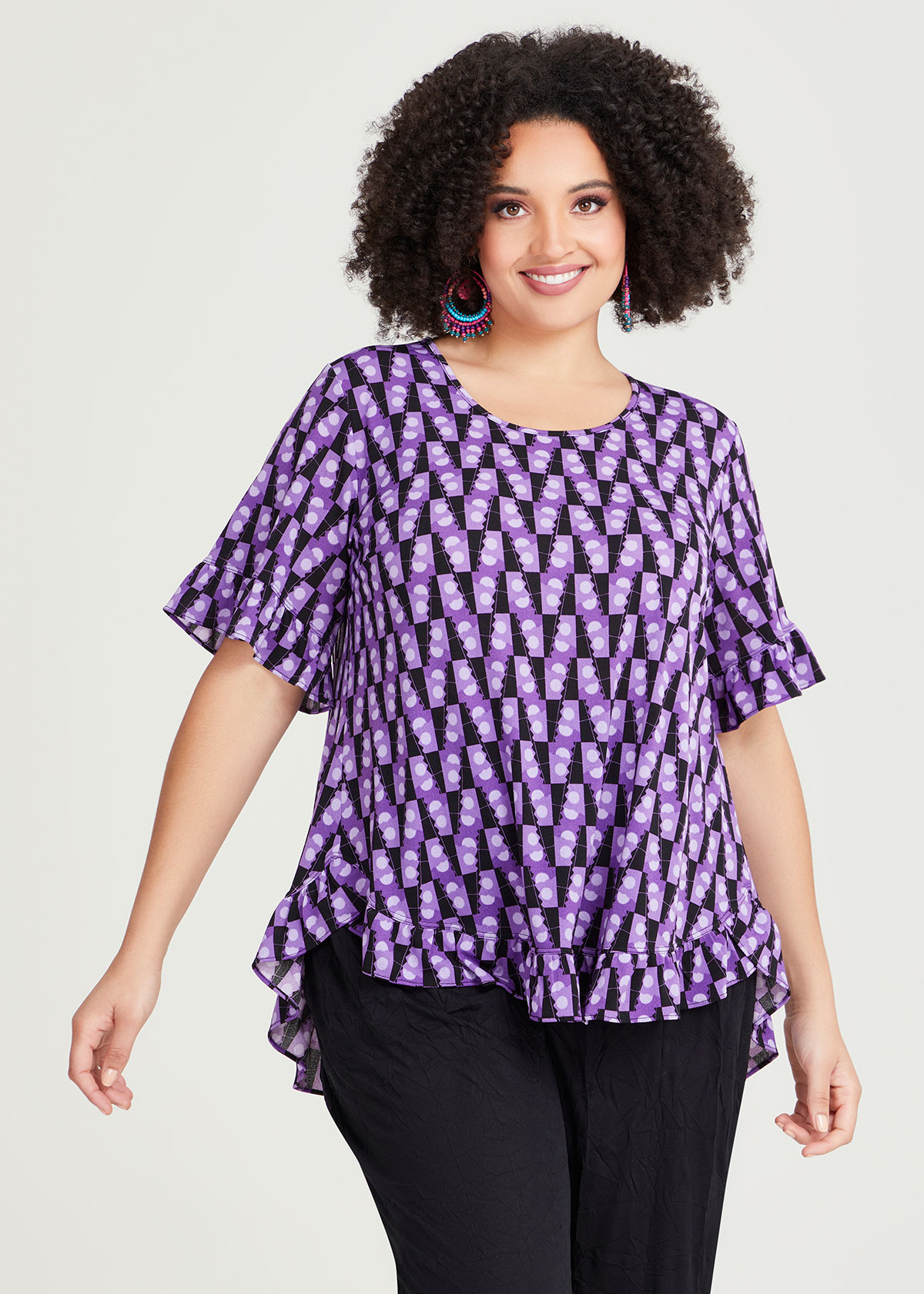 Shop Plus Size Ruffle Trim Print Top, Purple | Taking Shape AU