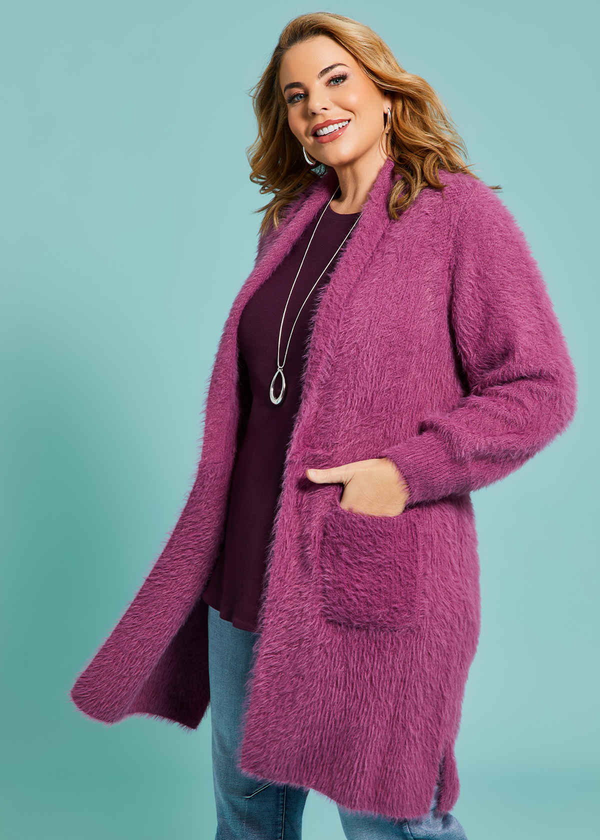 Shop Plus Size Fluffy Knit Cosy Cardigan, Red | Taking Shape AU