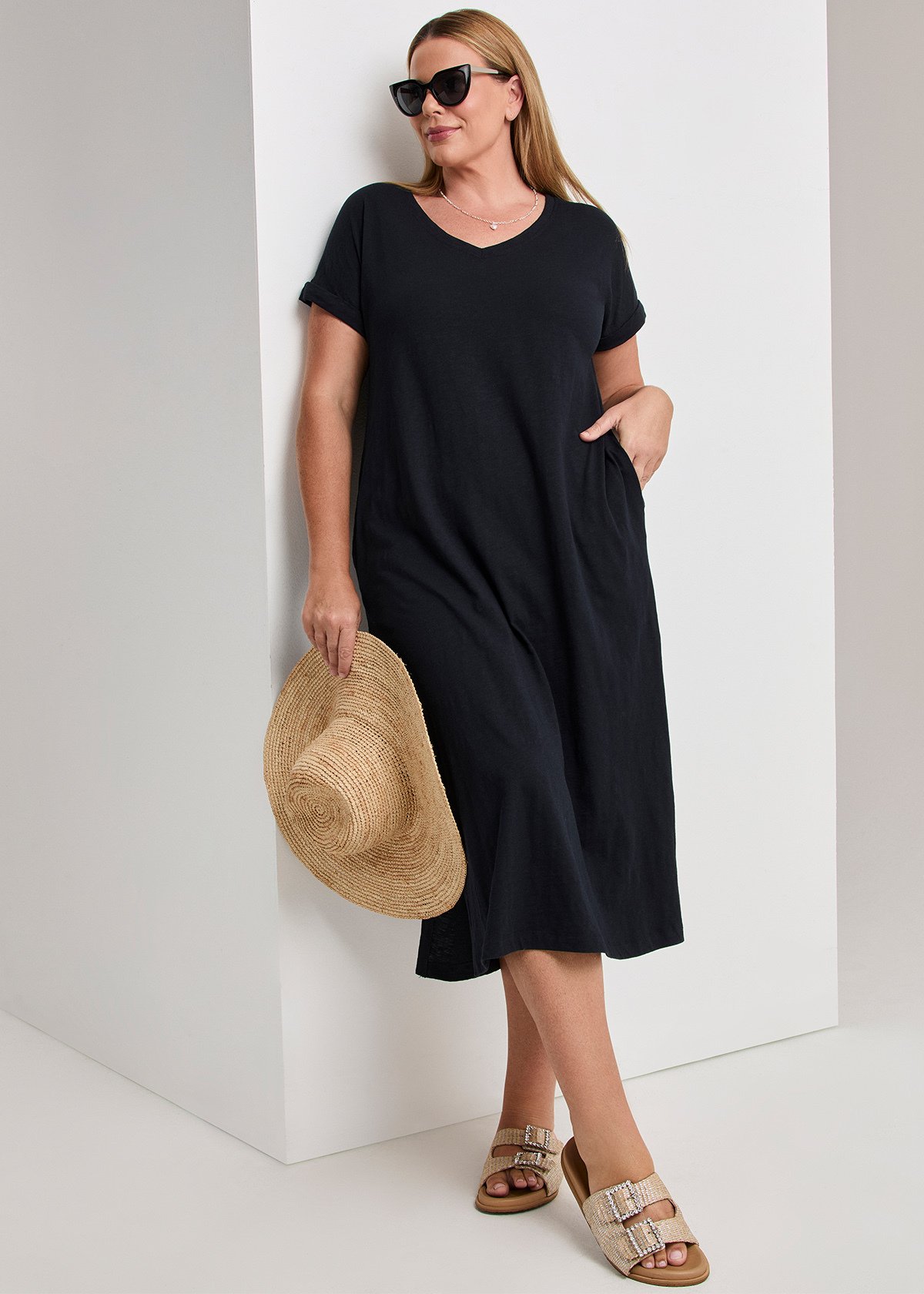 Shop Plus Size Cotton V-neck Maxi Dress, Navy | Taking Shape UK