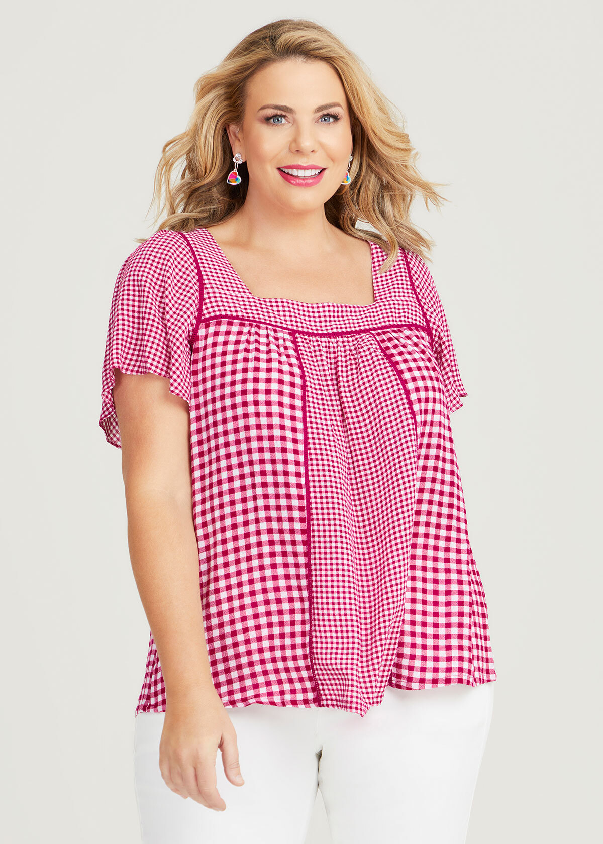 Shop Plus Size Natural Spliced Gingham Top, Red | Taking Shape AU