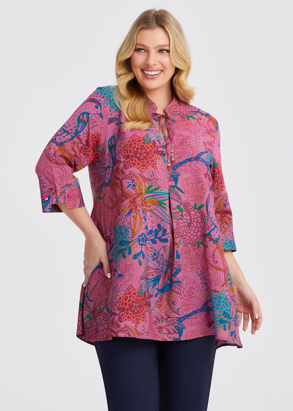Plus Size Women's Tie Neck Tunic Pink & Blue | Taking Shape AU