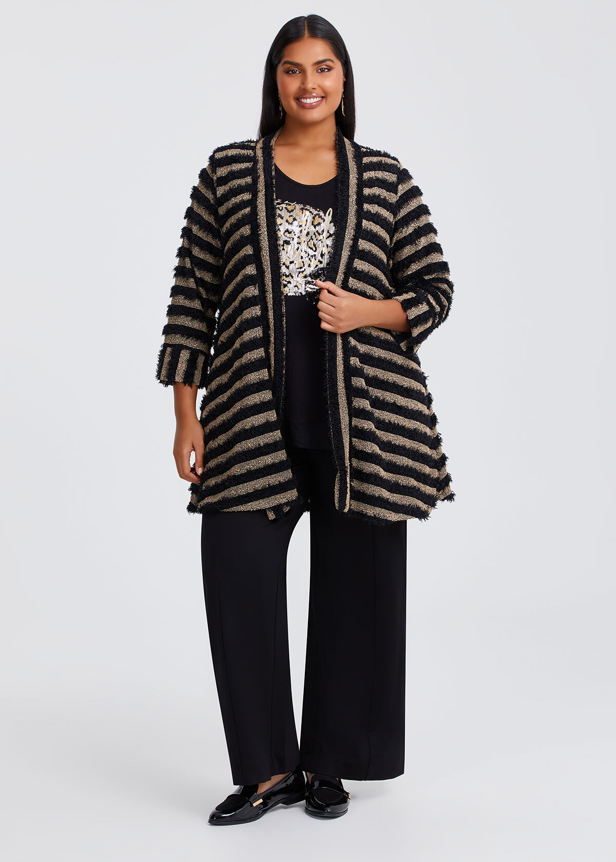 Shop Plus Size Stripe Fluffy Cardigan, Black | Taking Shape NZ