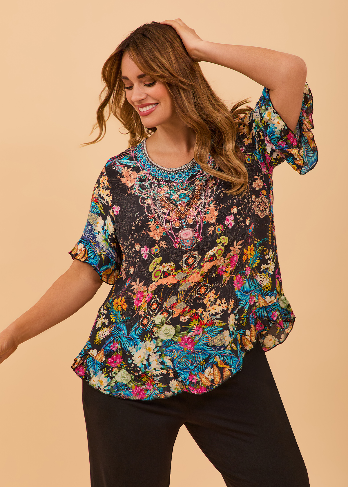 Shop Plus Size Salsa Ruffle Natural Top, Multi | Taking Shape NZ