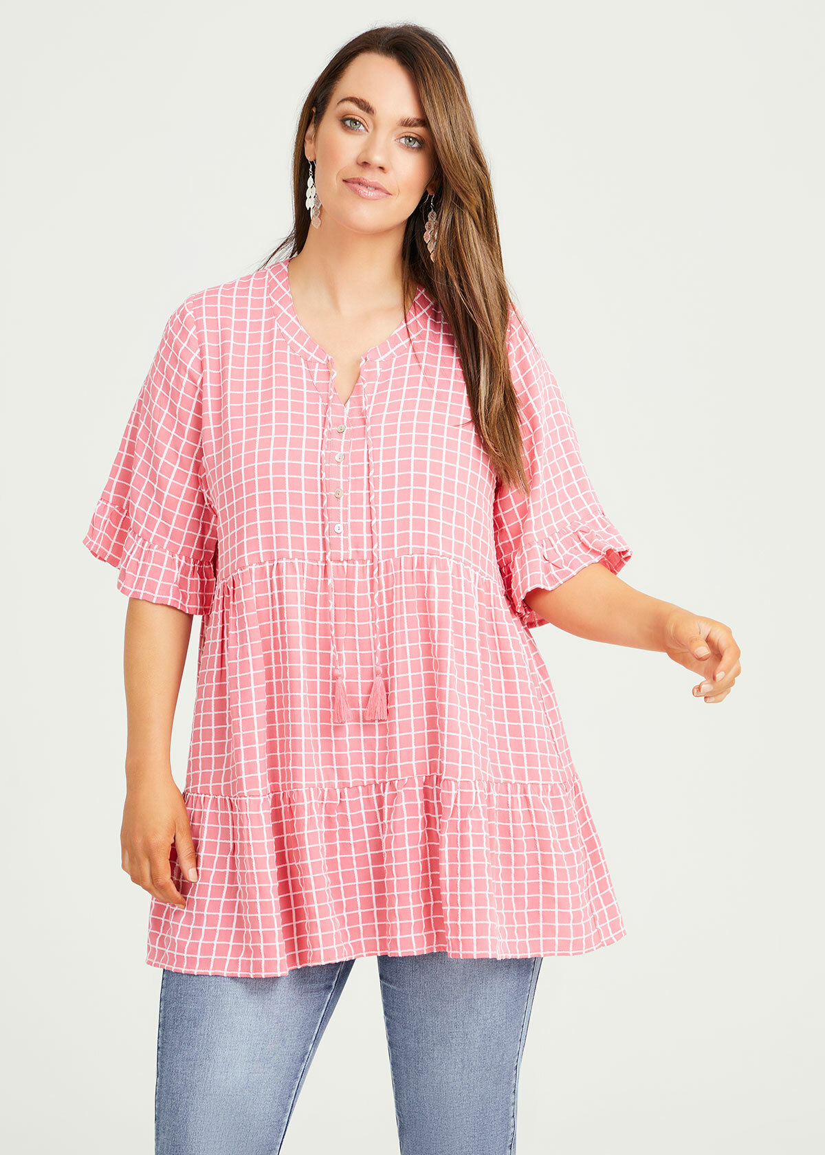Shop Plus Size Natural Grid Jacquard Tunic, Red | Taking Shape AU