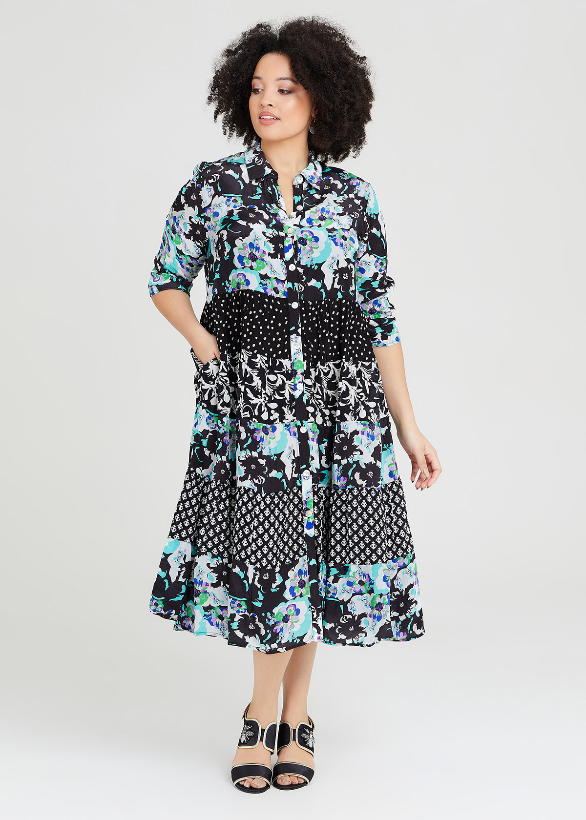 Shop Plus Size Natural Tiered Glam Shirt Dress, Multi | Taking Shape AU