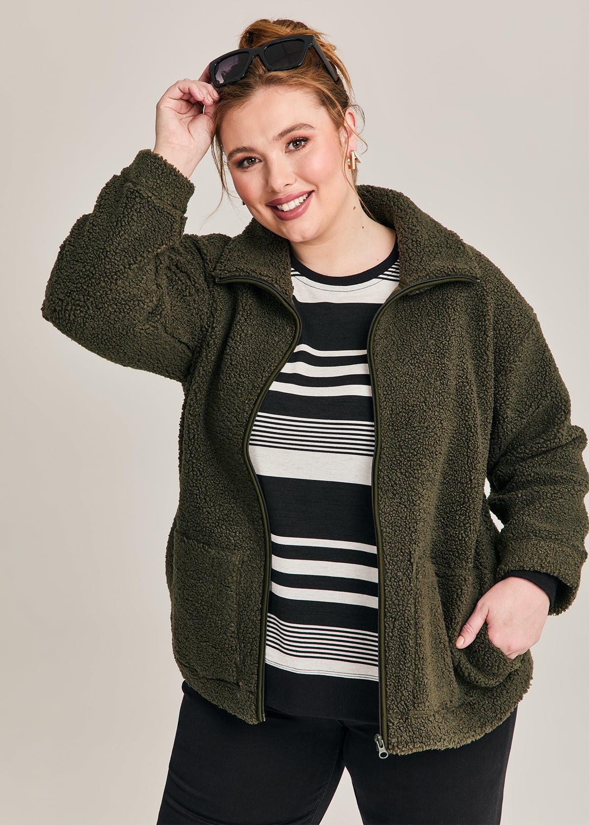 Shop Plus Size Teddy Zip Through Jacket, Green | Taking Shape NZ